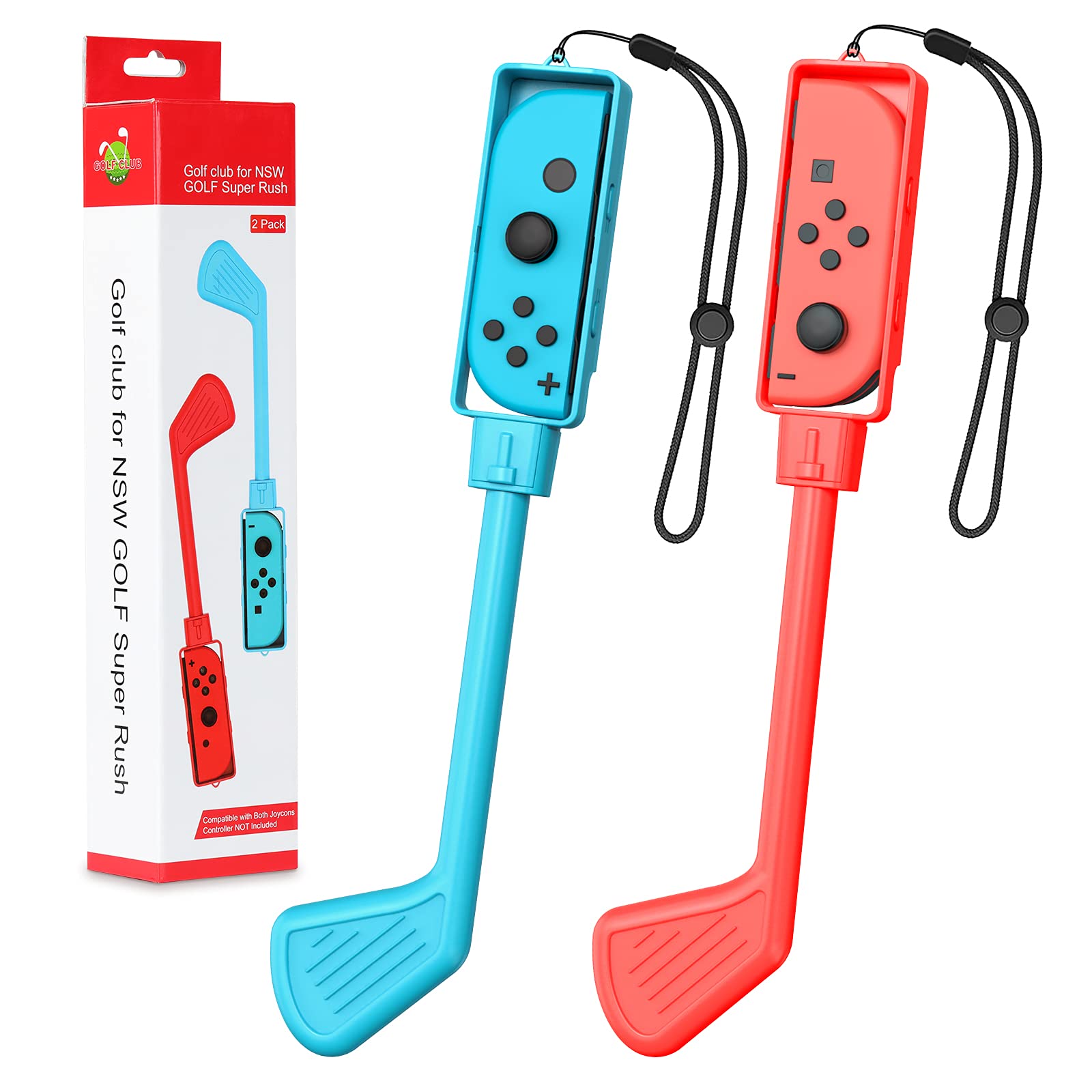 MoKo Golf Clubs Fit with Switch/Switch OLED Model (2021) Mario Golf: Super Rush Golf Handle Grips Game Accessories Kit Fit with Joy-Con Controller 2 Pack with Rotatable Golf Rod &Wrist Strap, Red+Blue