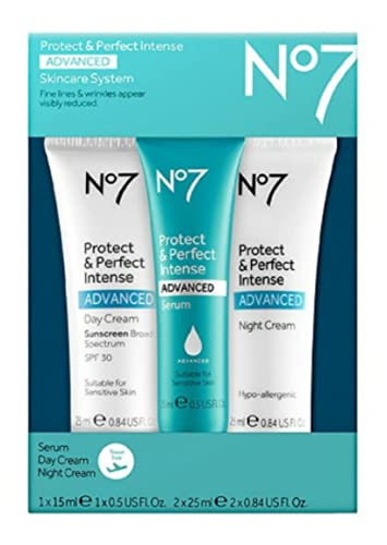 Protect and Perfect Intense Advanced Skin Care System - Serum (0.5 fl oz), Day Cream with SPF 30 (0.84 Night oz) Travel Size No 7 Skincare, teal