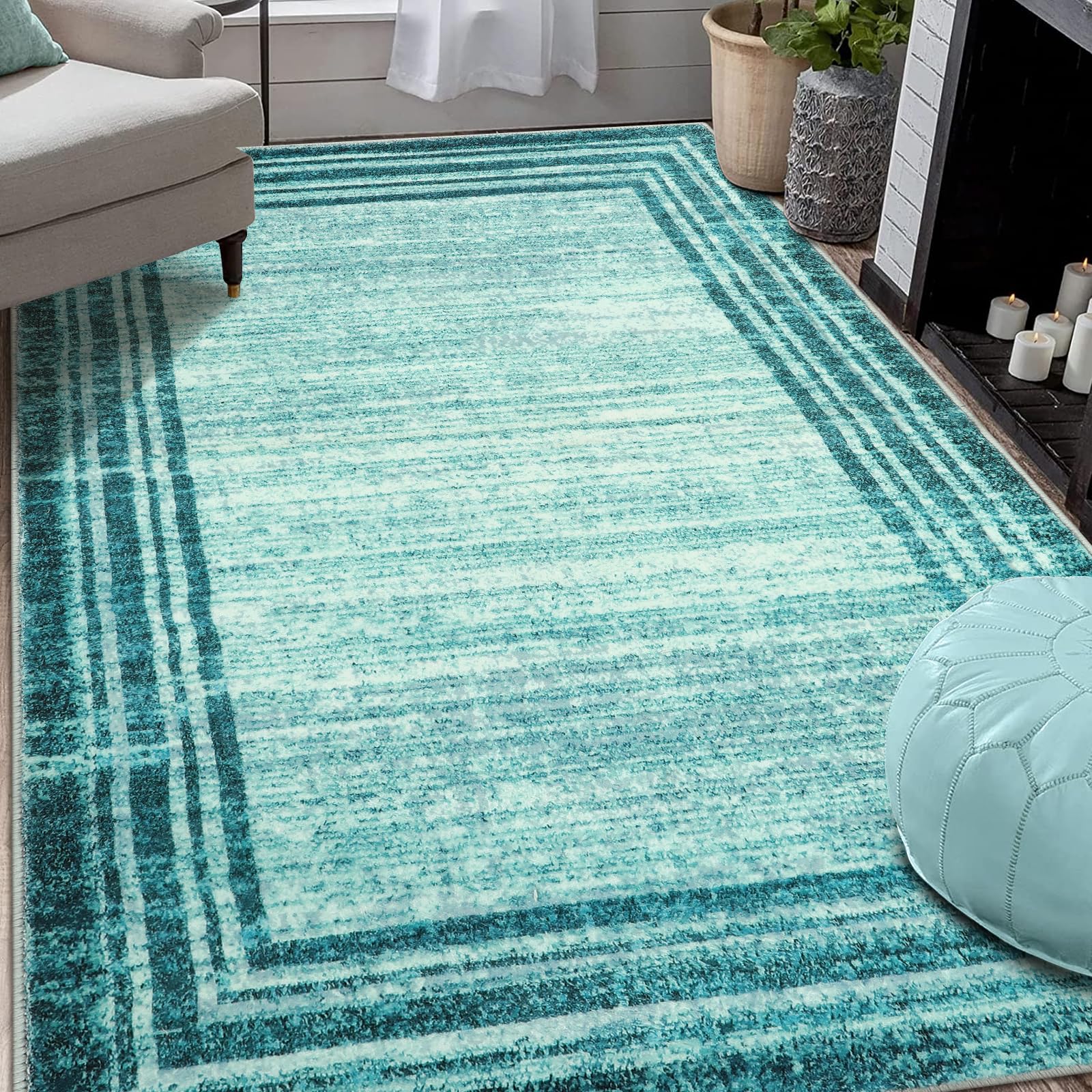 Lahome Abstract Teal Bedroom Rug 8x10,Washable Modern 8x10 Area Rugs for Living Room Non-Slip,Low-Pile Soft Dining Room Carpet Minimalist Bordered Rug Indoor Large