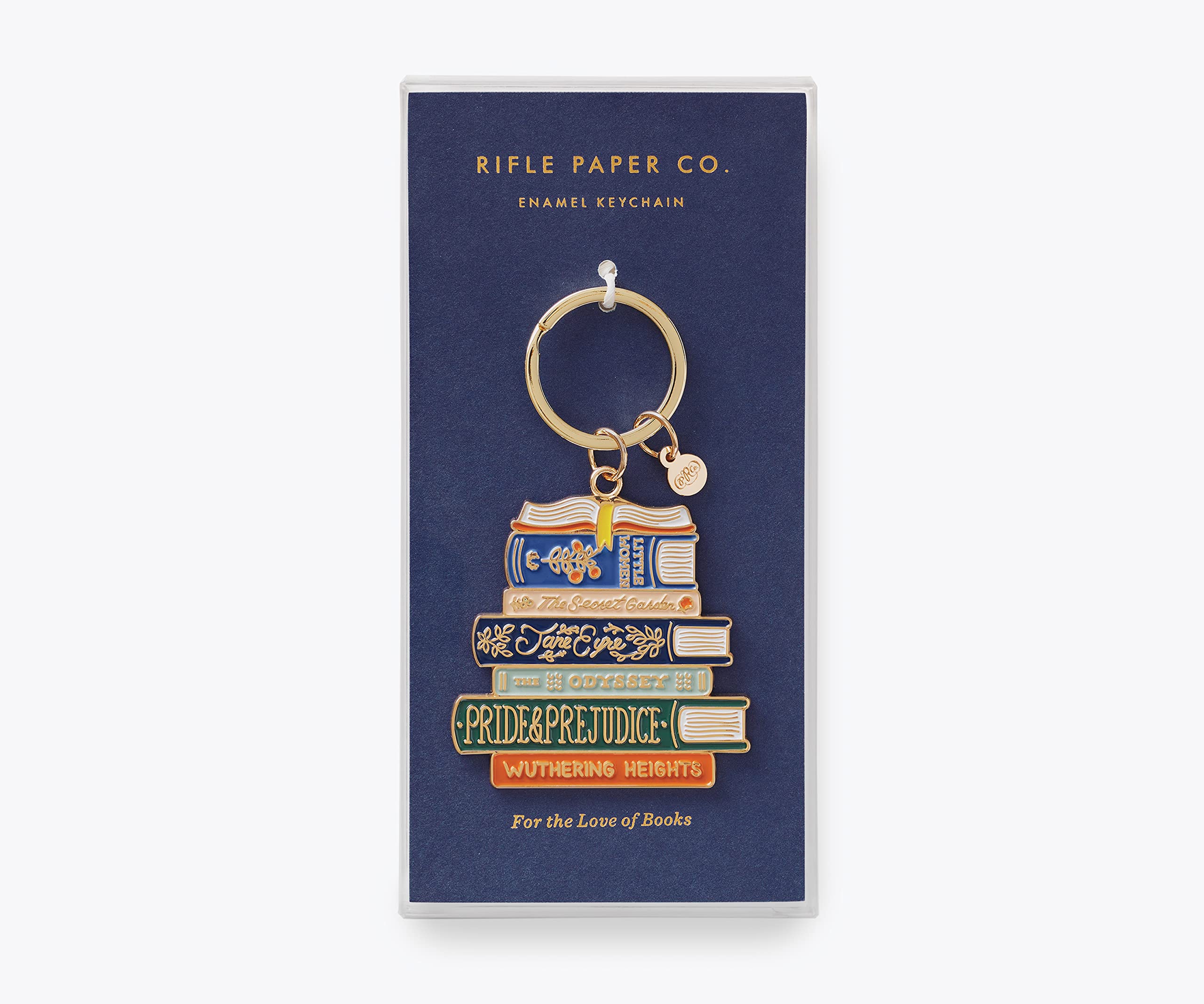 RIFLE PAPER CO. Book Club Enamel Keychain - 1" Brass Keyring Charm, Polished Enamel with a Glossy Finish, 2.4" L x 1.75" W, Perfect for Any Book Lover's Keys
