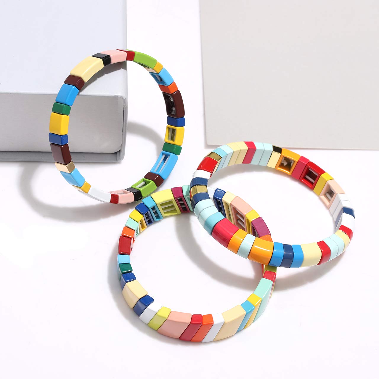 LENOOCLE Rainbow Enamel Tile Bracelet Colorful Enameled Beaded Stretch Bracelet Stackable Color-Block Strand Bracelet Set for Women Men (Rainbow light)