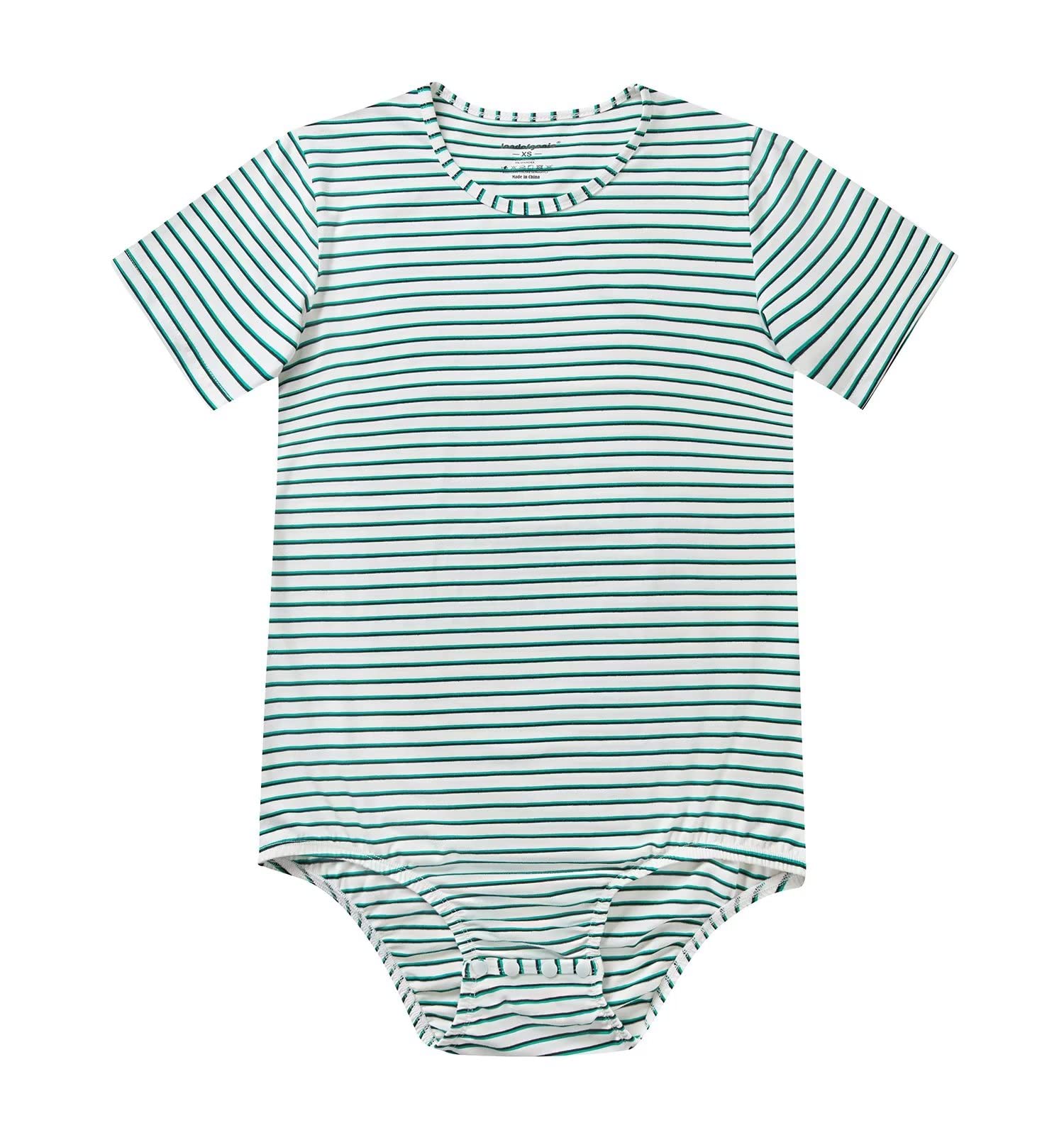 Landofgenie Mens Striped Onesie Pajamas Press Button Crotch Shirt Bodysuit Short Sleeve One Piece Bodysuit White 3XL