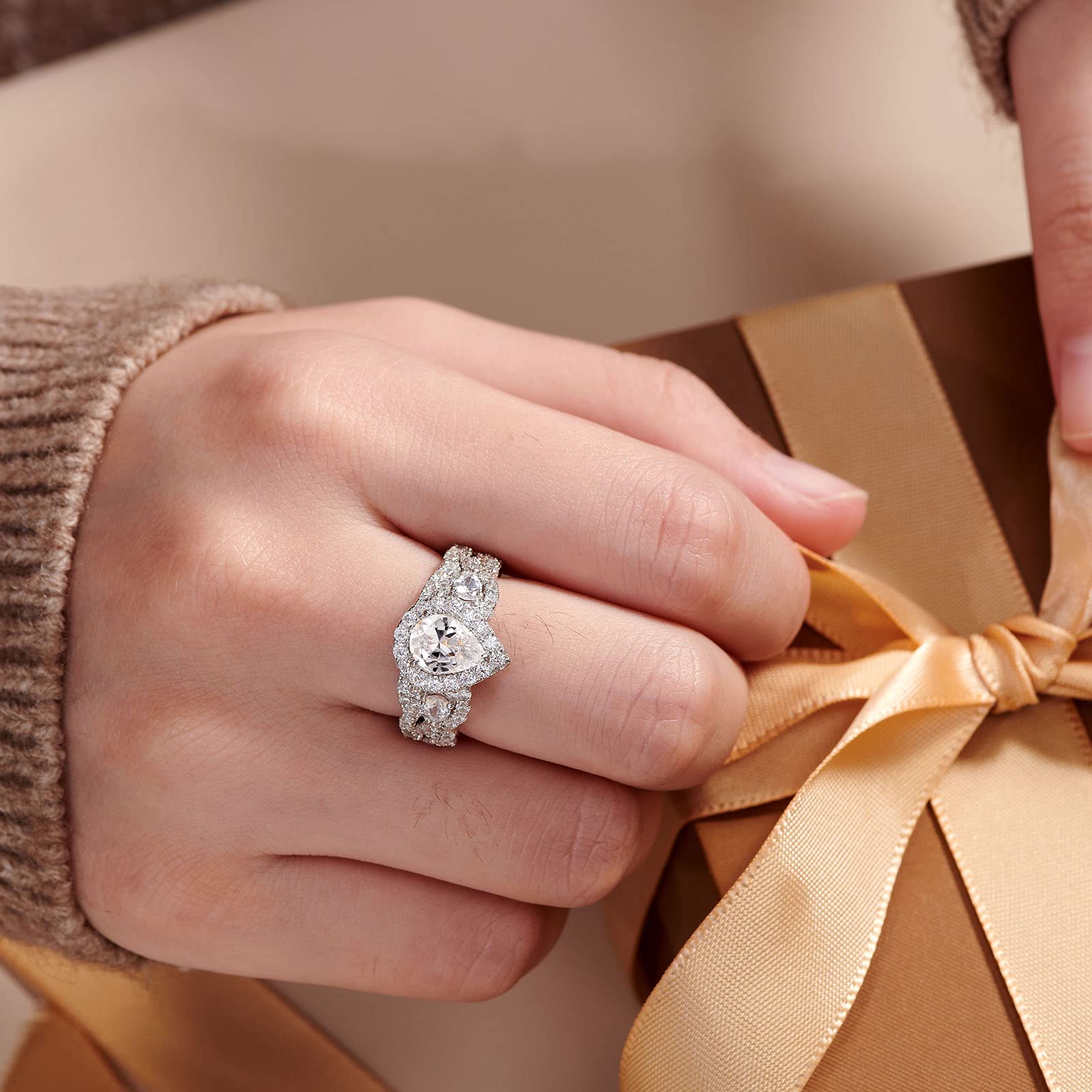 Newshe Jewellery Engagement Wedding Ring Set For Women AAAAA Cz 925 Sterling Silver 2.5ct Pear Shape White Size 7