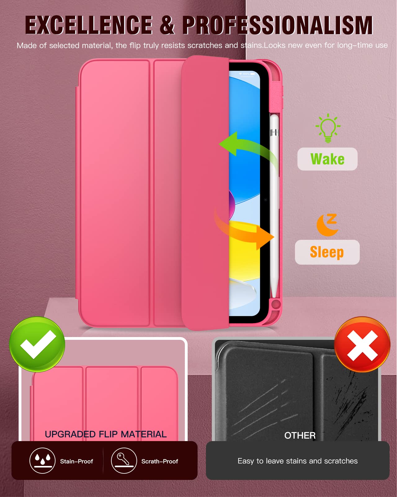 TiMOVO Case for iPad 10th Generation with Pencil Holder iPad 10.9 Inch Case 2022, iPad Case 10th Generation Hybrid Slim Tri-fold Stand Protective Cover with Clear Back for iPad 10, Watermelon Pink