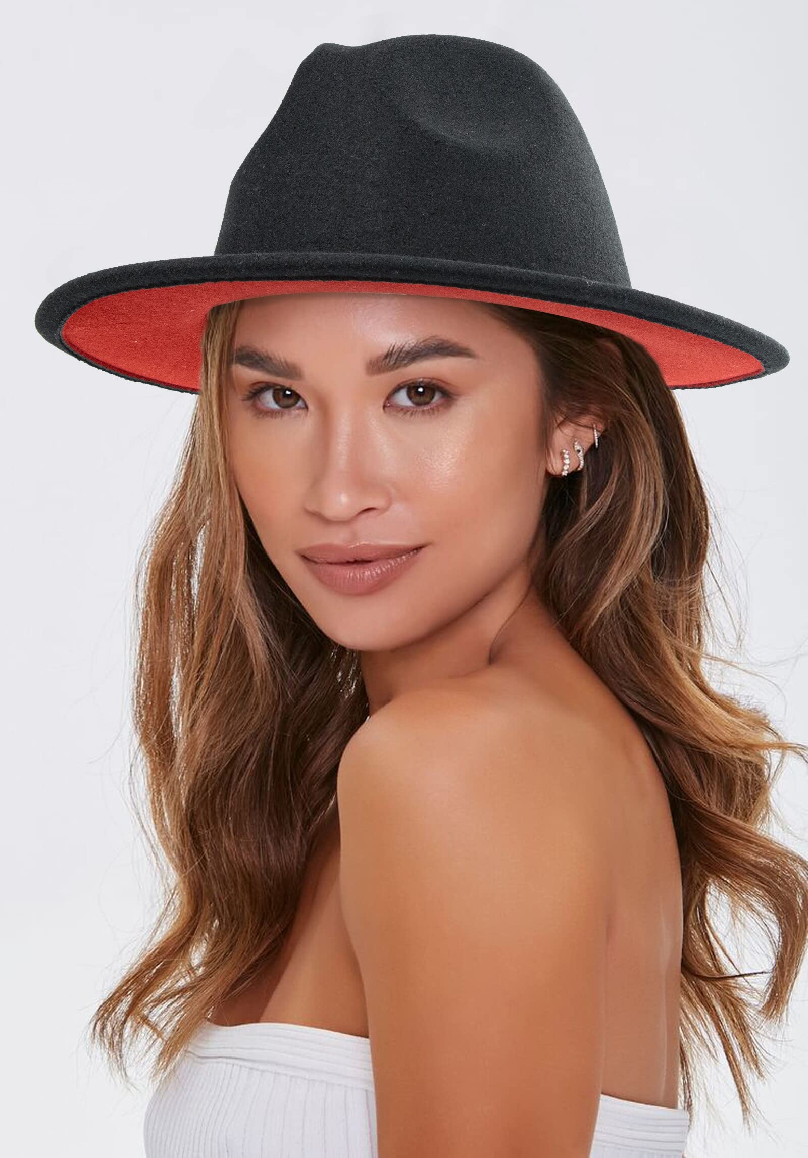 Red Bottom Fedora Hats for Men Women - Classic Black Red Panama Hat Wide Brim Two Tone Jazz Gentleman Hat