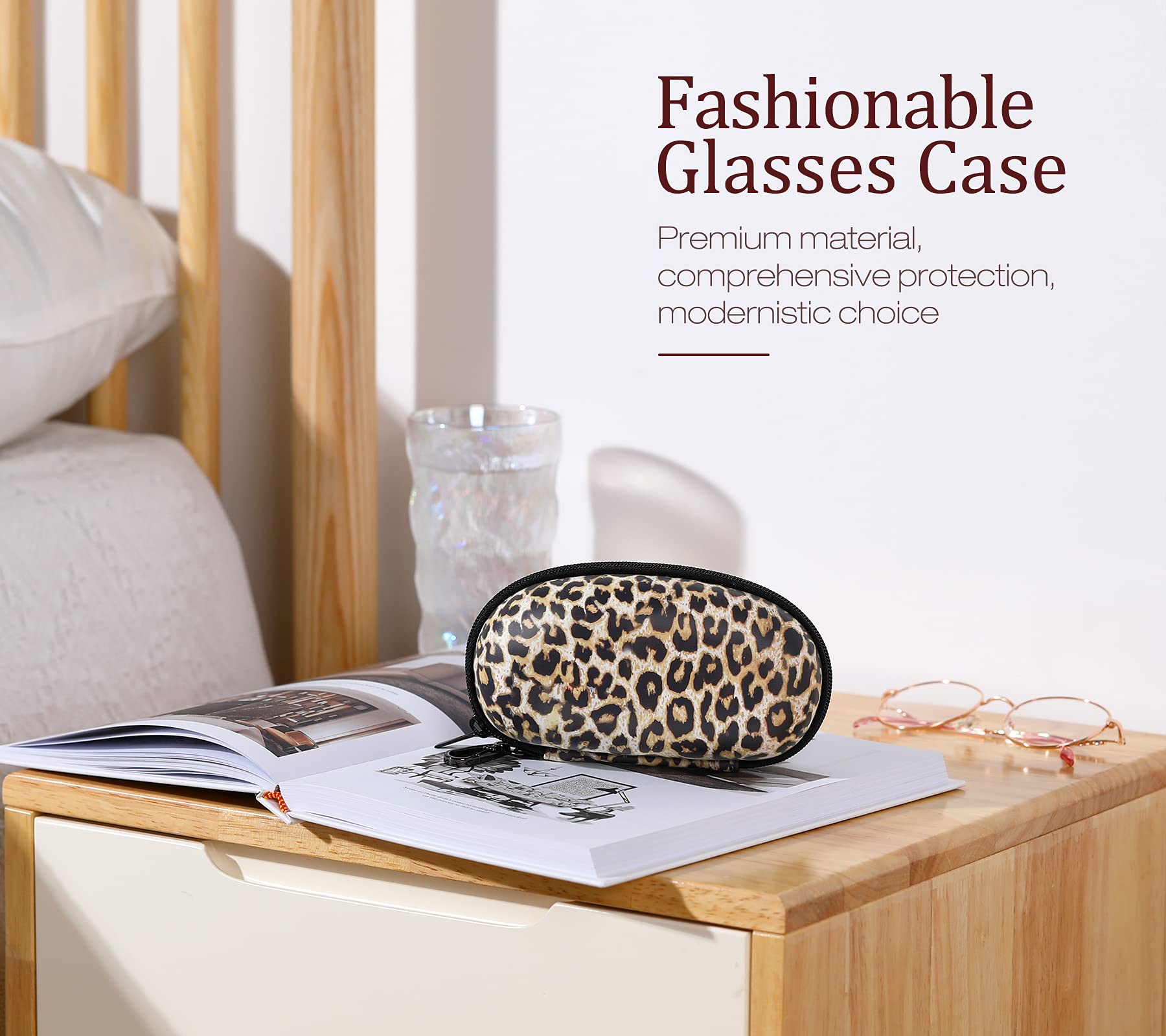 MoKo Unisex PU Protective Eyeglasses Case, Leopard, Zipper, 6.69x3.66x2.28in, 3.27oz