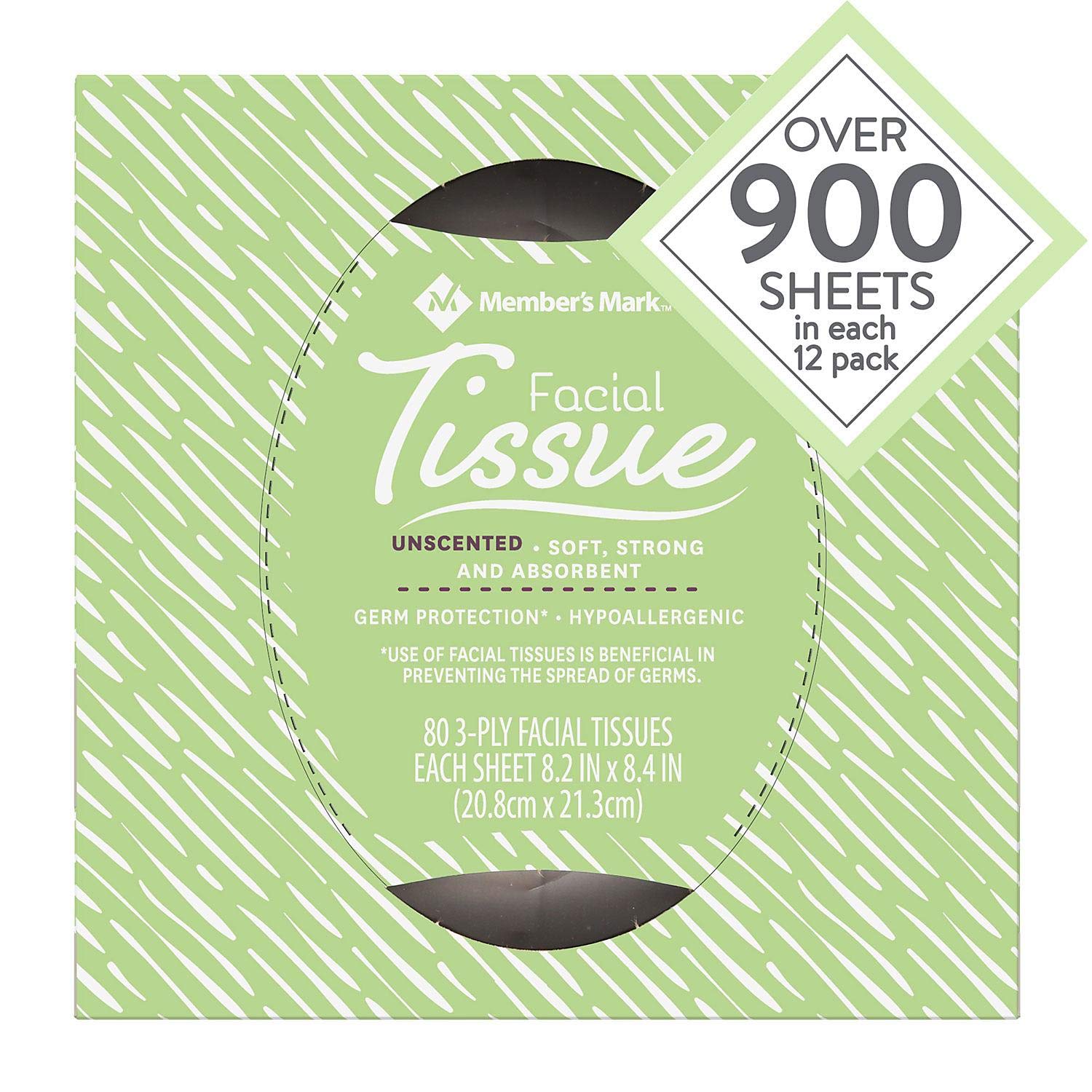 Member's Mark Expect More 3-Ply Soft and Strong Facial Tissue, 12 pk, 960 tissues (80 ct. per Box)