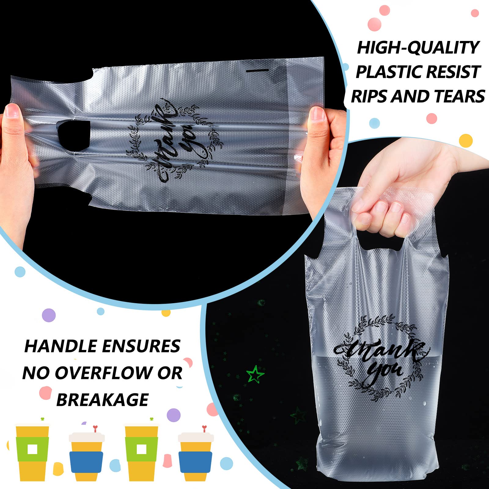 Kisston 1000 Pcs Drink Carrier for Delivery, Plastic Drinking Carrier Bags Thank You Clear Handle Drink Poly Bags Drink Bags Bulk Cup Carrier for Coffee Tea Beverage Juice (Hold 1 Cup)