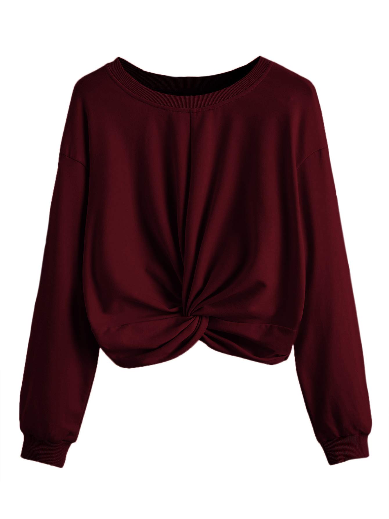 MakeMeChic Women Cute Twist Front Long Sleeve Crop Tops Sweatshirts Burgundy L