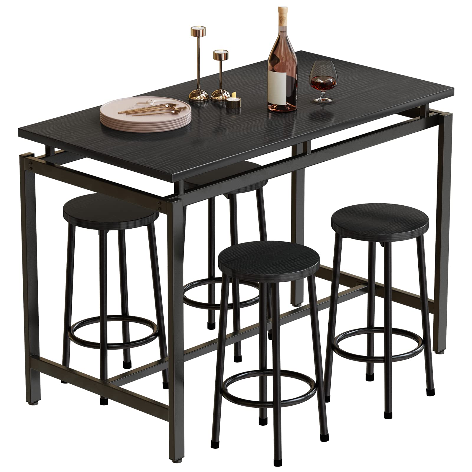Lamerge Bar Table Set of 4,Industrial 5 Piece Breakfast/DiningTable Set,43" Pub Height Table & 4 PU Upholstered Stools with Backrest,for Living Room,Kitchen,Bar,Rustic Brown & Black & Brown