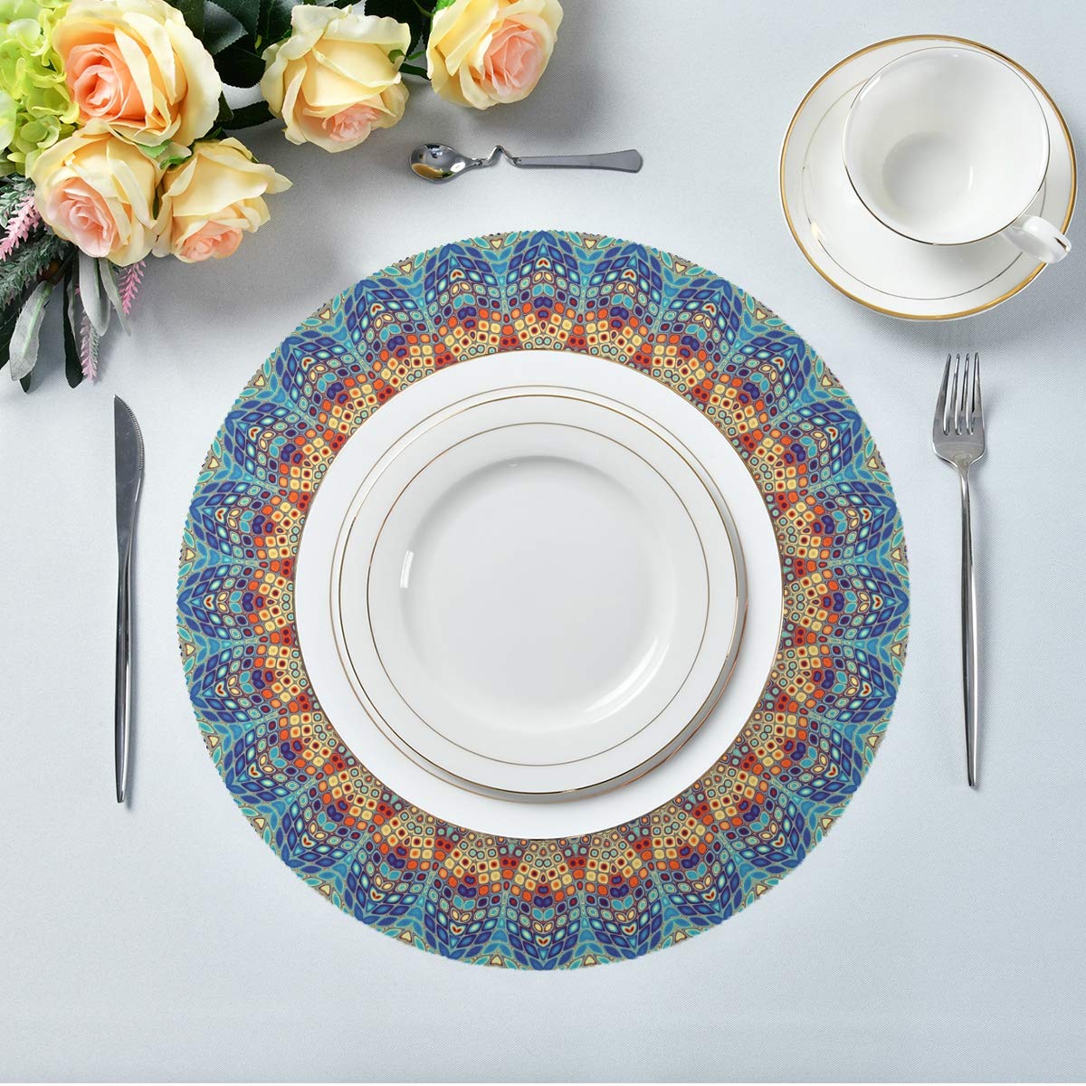 Qilmy Mandala Round Placemats Non-Slip Washable Polyester Table Mats Set of 4 Heat Resistant Placemats for Kitchen Dining Table Decoration