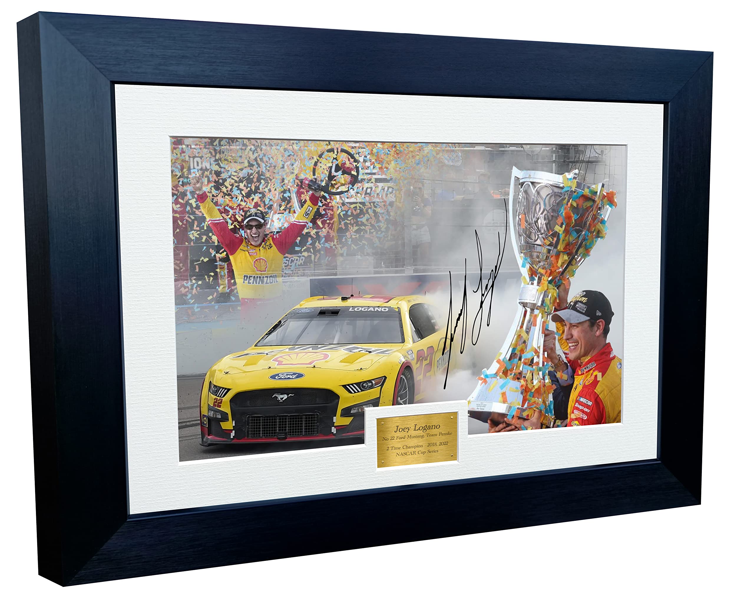 Kitbags & Lockers '2 TIMES CHAMPION' 2018 2022 Joey Logano NASCAR Cup Series No22 Ford Mustang Team Penske Triple Autographed Signed 12x8 A4 Photo Photograph Picture Frame Poster Gift