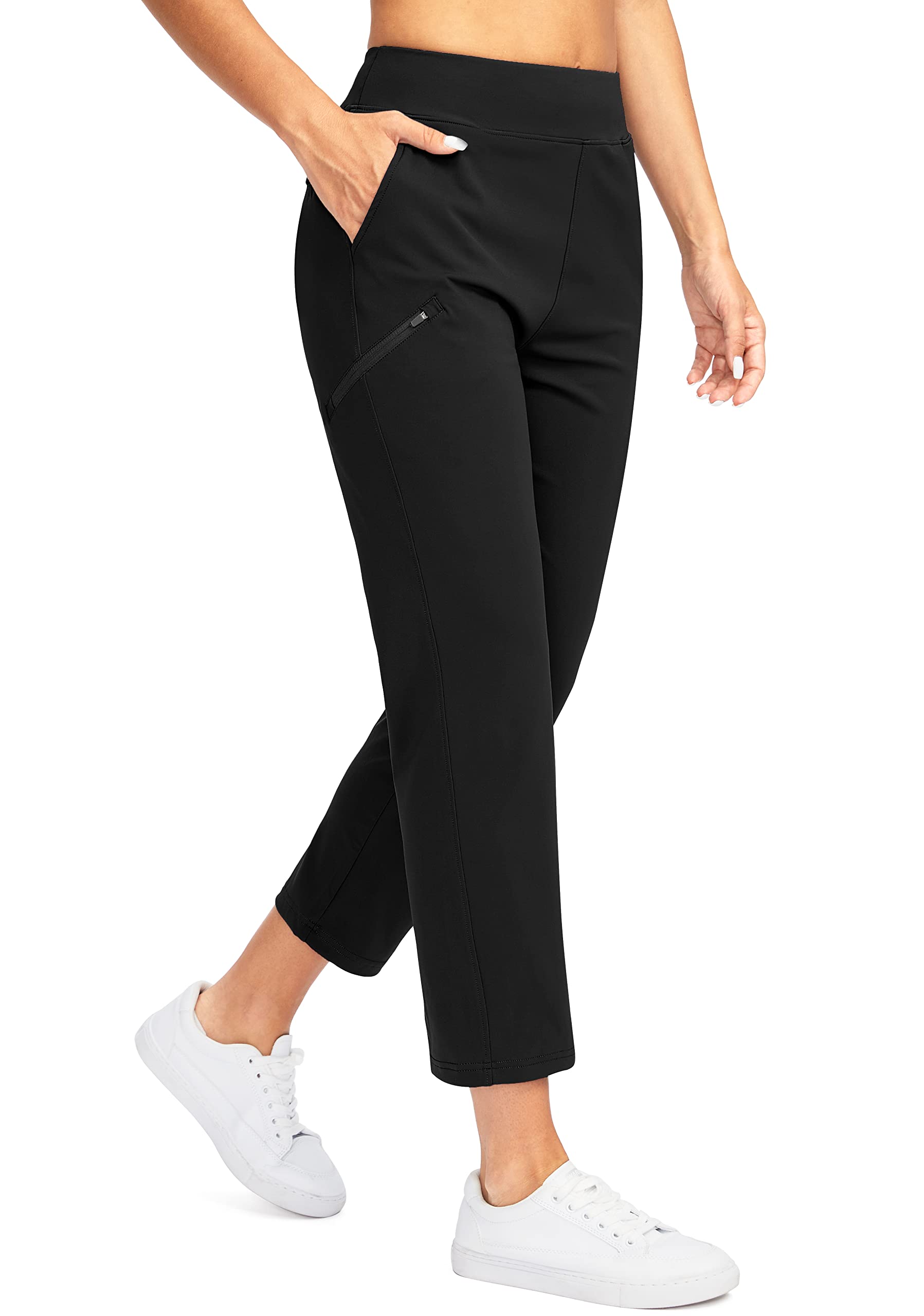 SANTINY Women's Golf Pants with 3 Zipper Pockets 7/8 Stretch High Waisted Ankle Pants for Women Travel Work (Black_M)