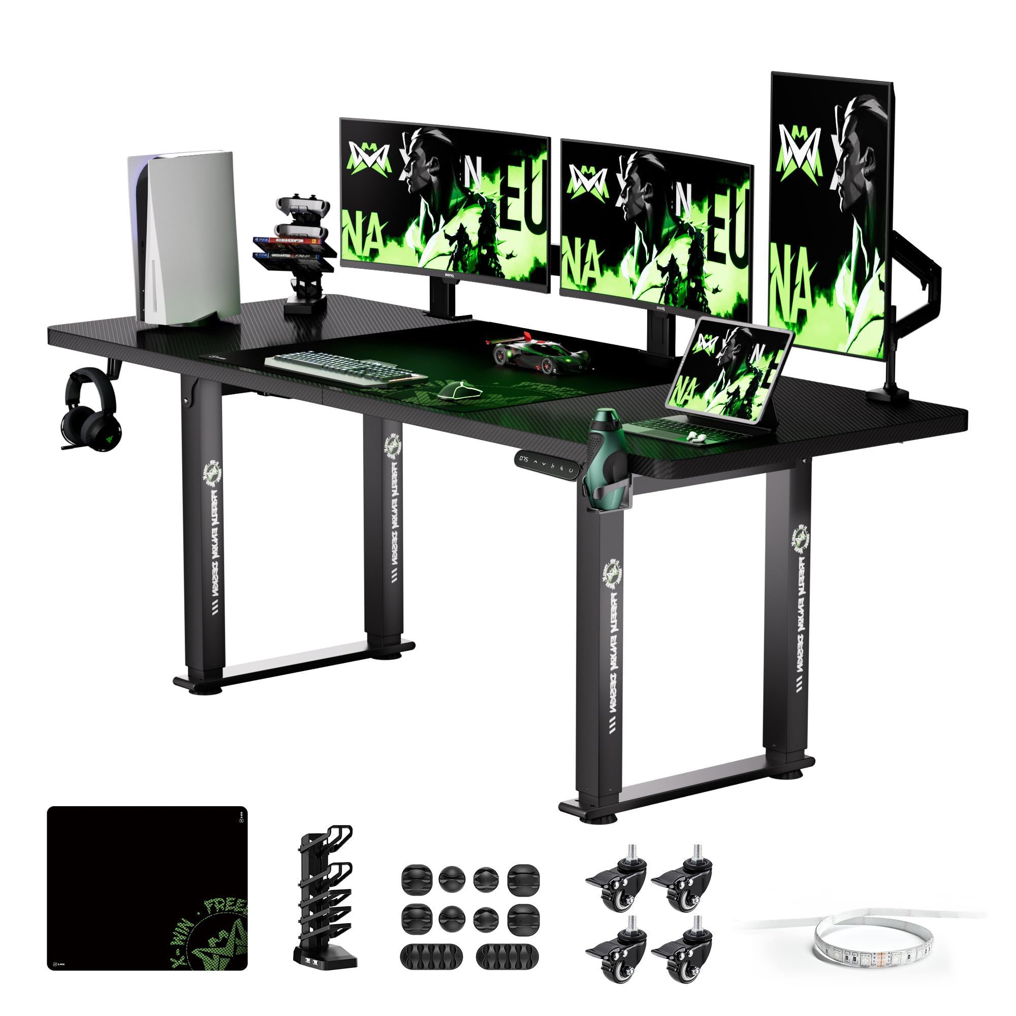 Klobel X-Win Electric Height Adjustable Standing Desk, 71" x 31.5" Inch 4-Leg Ergonomic Sit to Stand Desk for Home Office, Powerful Dual Motor Work Desk, Carbon Fiber Textured Black