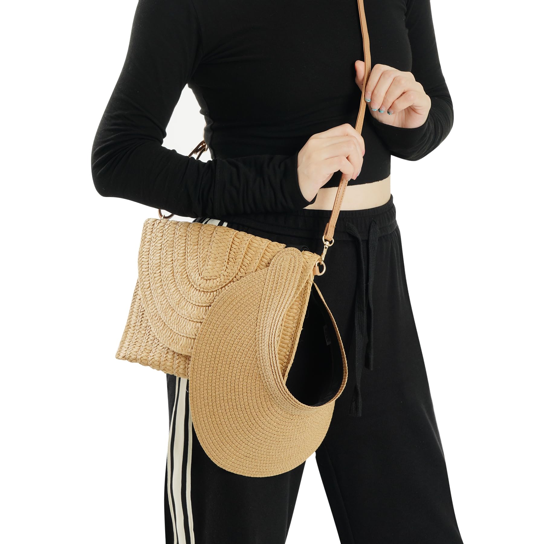 Straw Sun Visors Womens, Ponytail Beach Straw Visor, Packable Summer Sun Hats for Women Travel Khaki