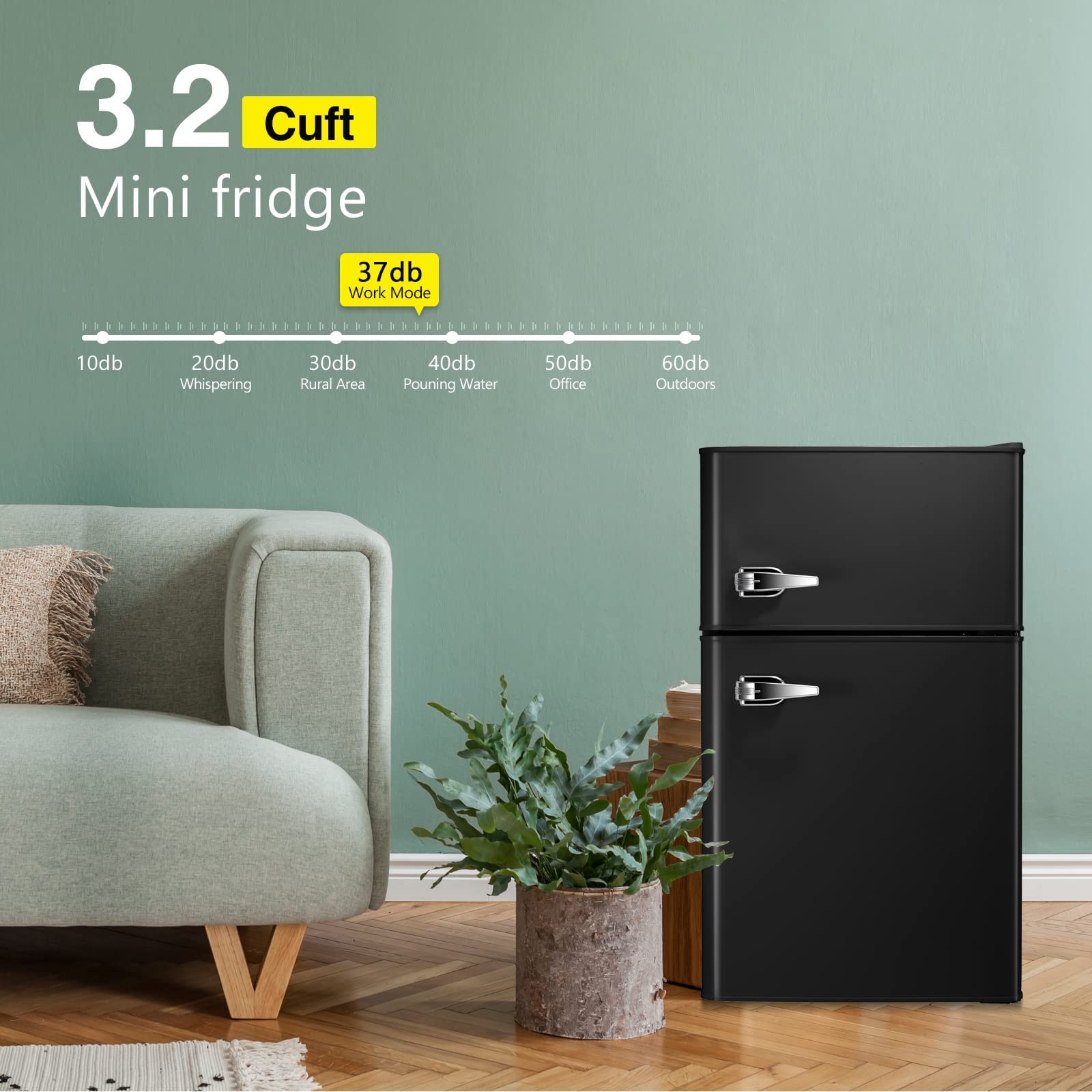 R.W.FLAME Mini Fridge 3.2 Cu.Ft Refrigerator with Freezer, Double Door, Energy Saving for Bedroom, Office, Home, (Black)