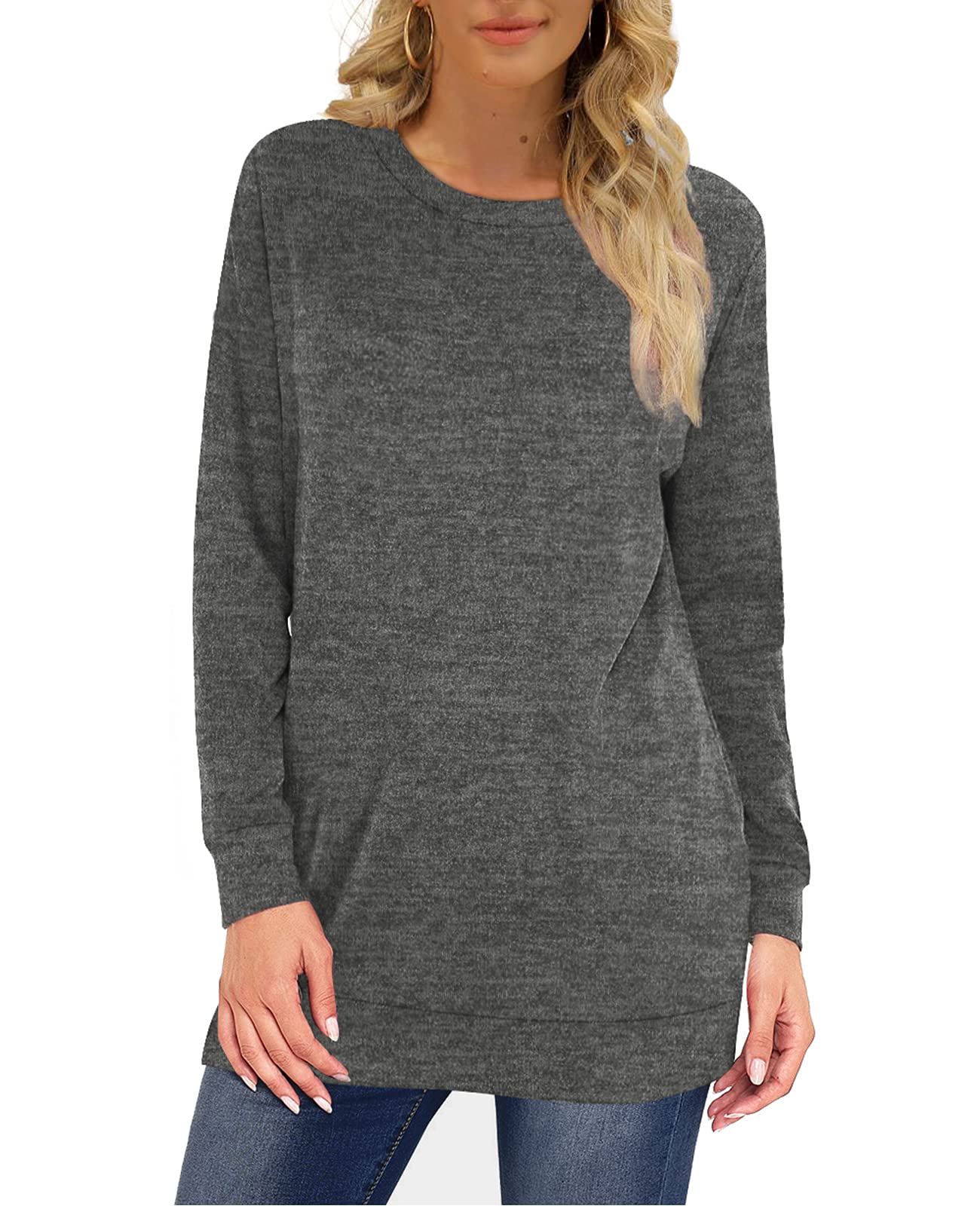 OFEEFAN Tunic Tops for Leggings for Women Crew Neck Womens Sweatshirts Casual Tops L