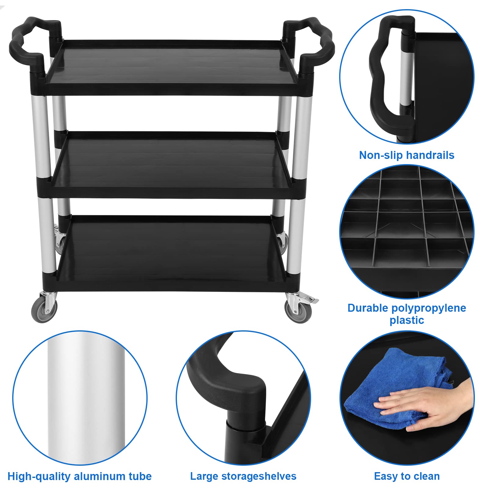 Service Cart Heavy Duty 3-Shelf Rolling Utility/Push Cart with Lockable Wheels, 360 lbs. Capacity, Black, for Foodservice/Restaurant/Cleaning