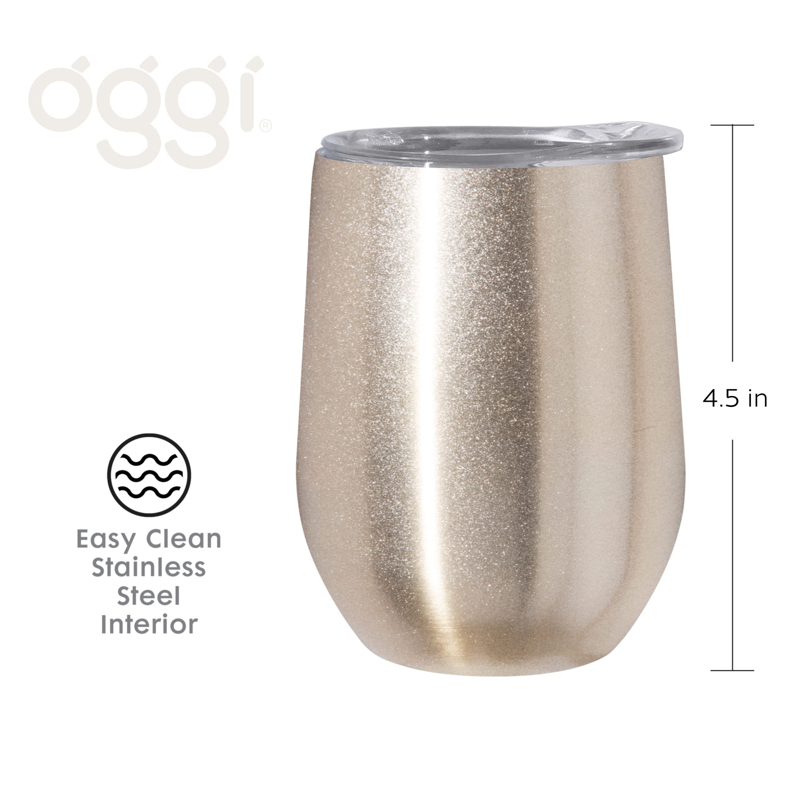 Oggi Cheers 'Celebrate Collection' Stainless Steel Insulated Wine Tumbler - Gold Sparkle, 12oz, with clear slider lid.