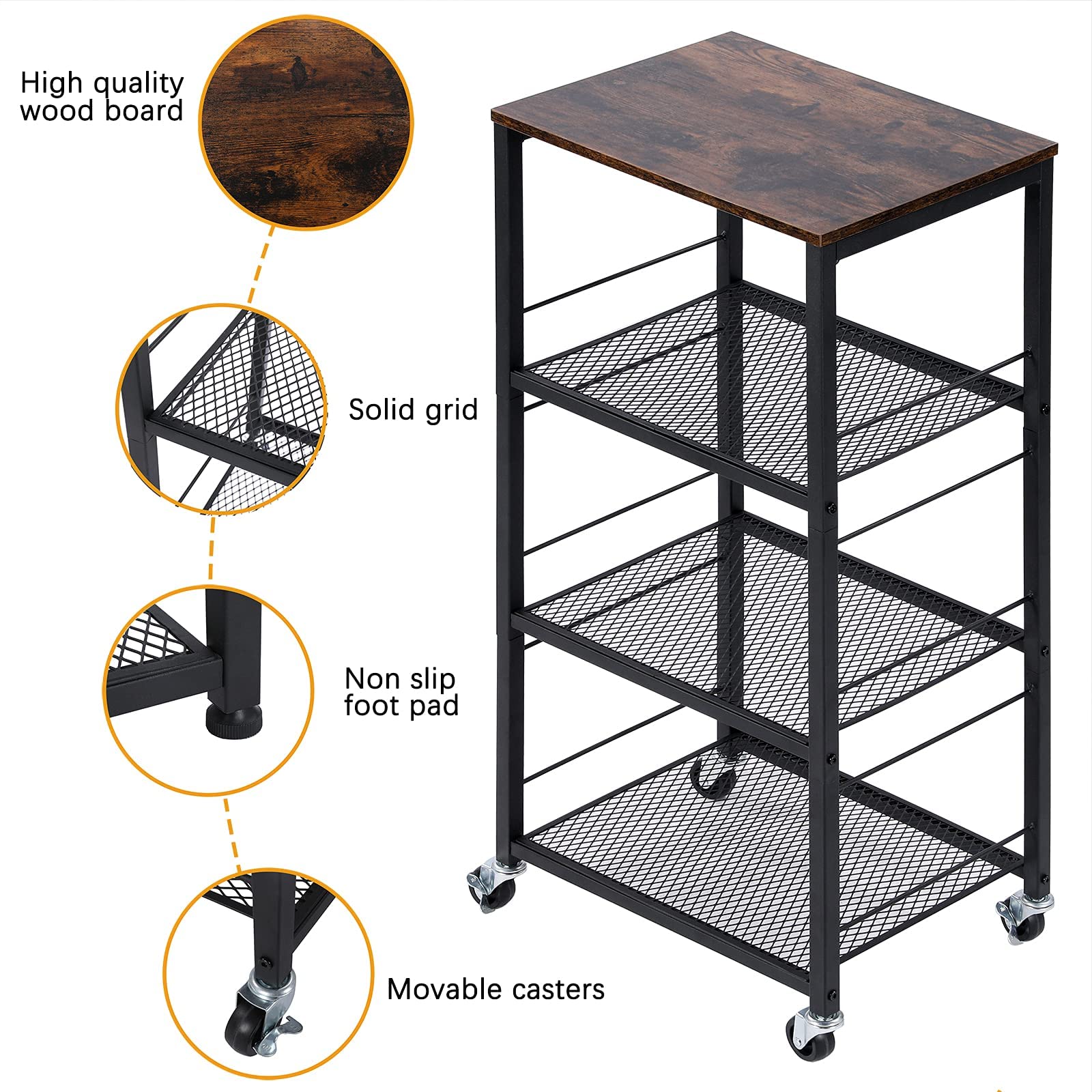 Kitchen Baker's Rack 4 Tier Utility Industrial Kitchen Serving Cart on Wheels Mobile Unit Shelves, Microwave Oven Printer Stand with Storage Cart Trolley Coffee Station for Home Bar Office