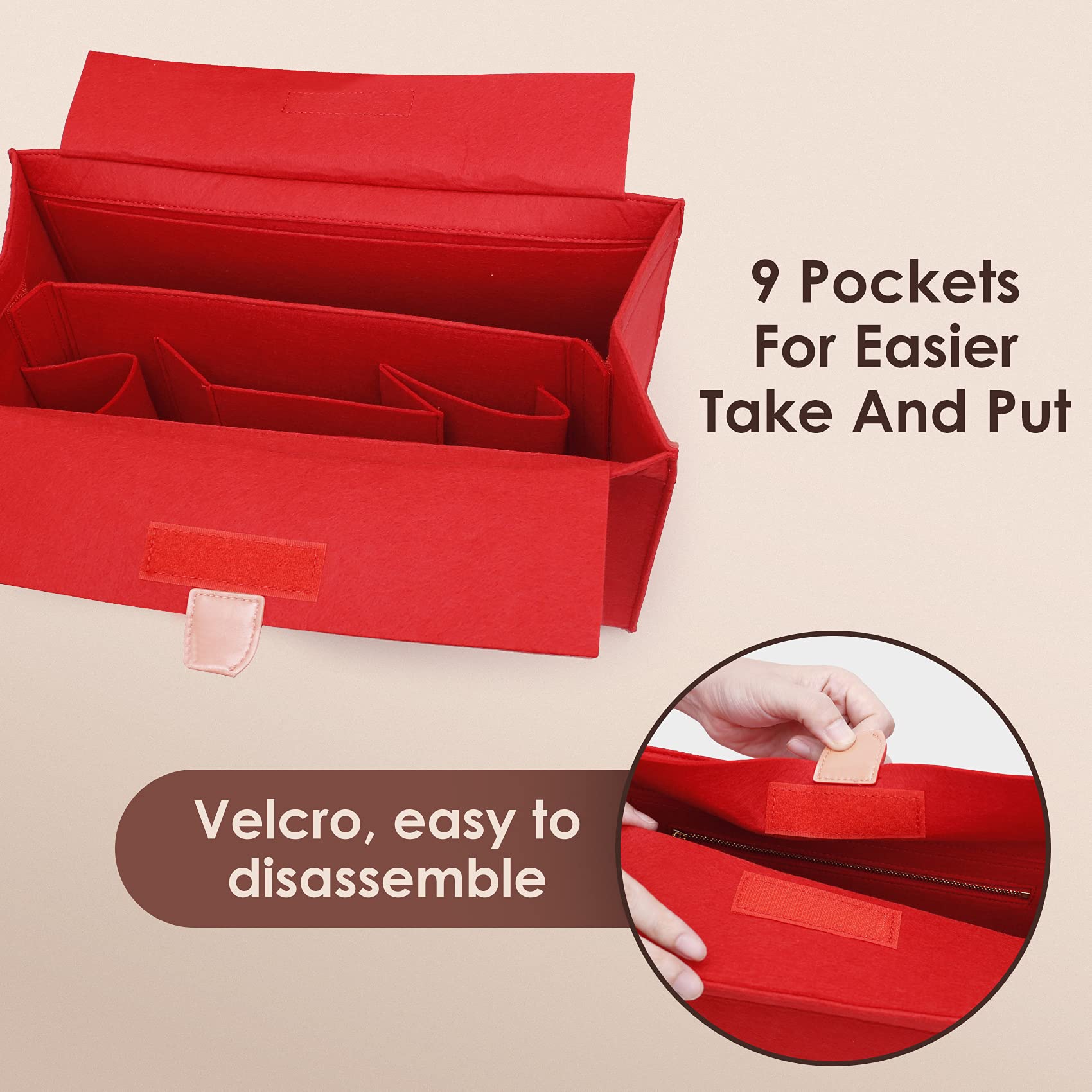 OAikor Bag Organizer Insert for Onthego GM 40 Handbag & Small D Book Tote, Felt Tote Bag Insert Organizer with Zipper and Cover, 9 Compartment, Bag in Bag(XL, Red)