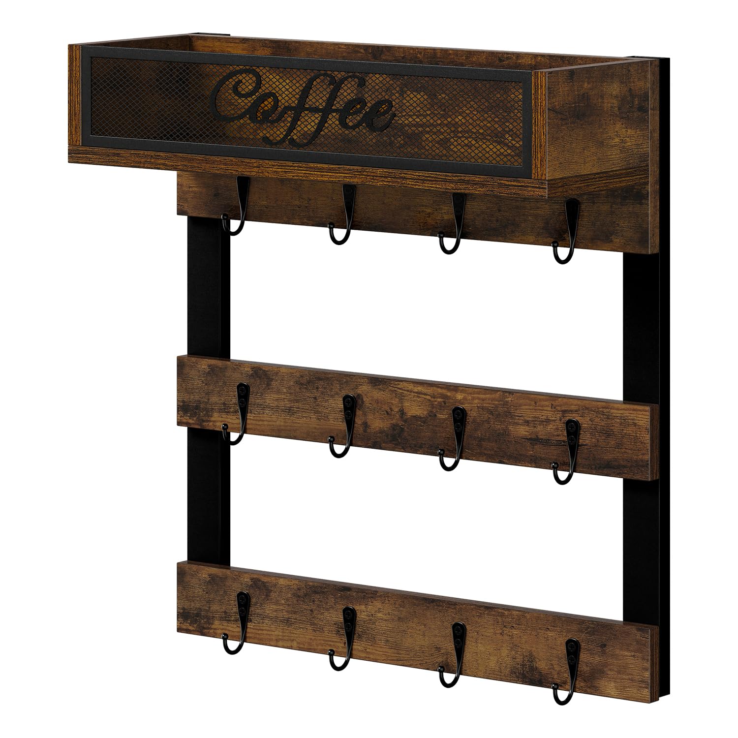 YINMIT Coffee Mug Rack Wall Mounted,Coffee Cup Holder with 12 Hooks,Wood Mug Organizer with Top Shelf for Coffee Beans,Sugar Jar,3-Tier Mug Display for Home,Office,Kitchen