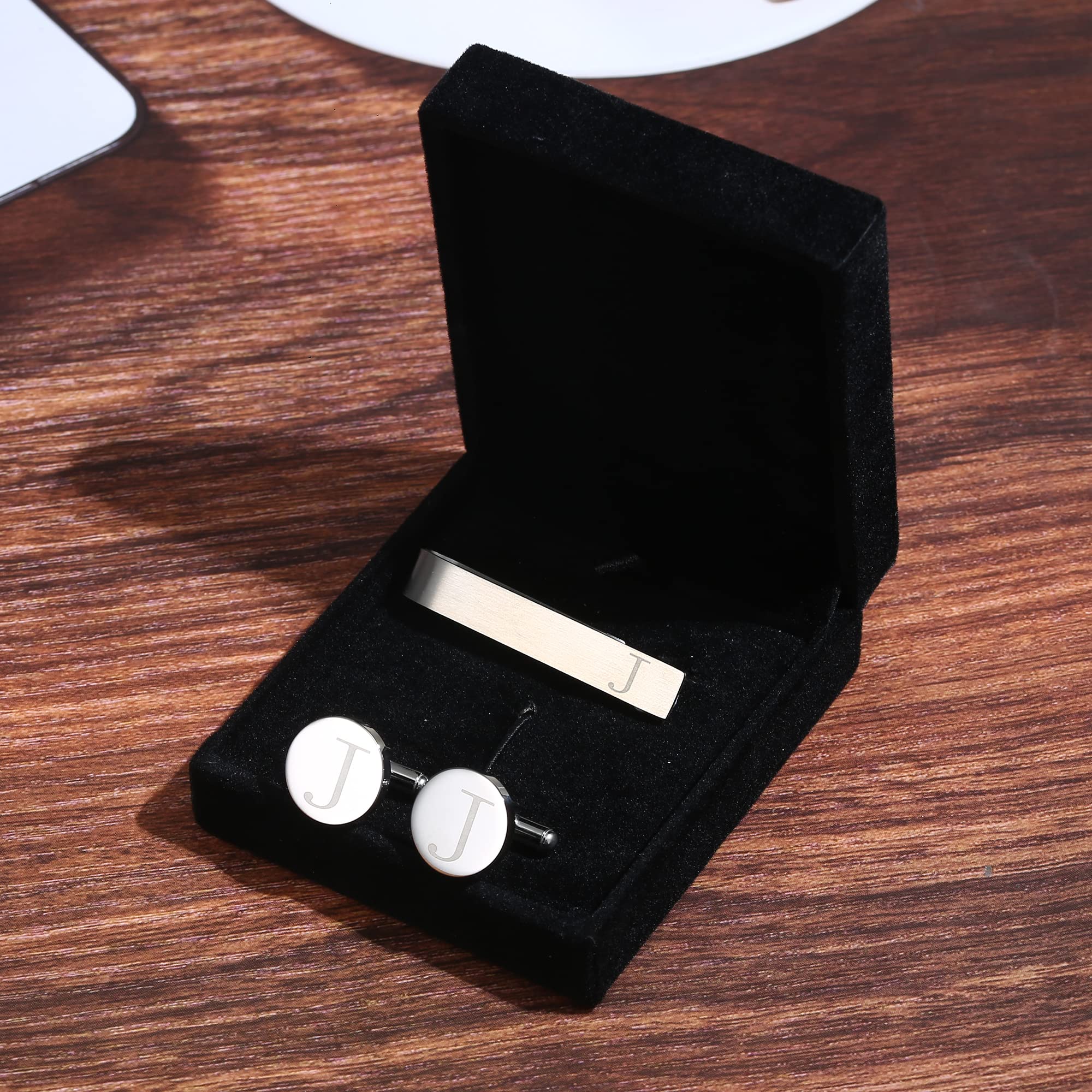 LOYALLOOK Classic Engraved Initial Cufflinks and Tie Clip Bar Set Alphabet Letter Formal Business Wedding Shirts J
