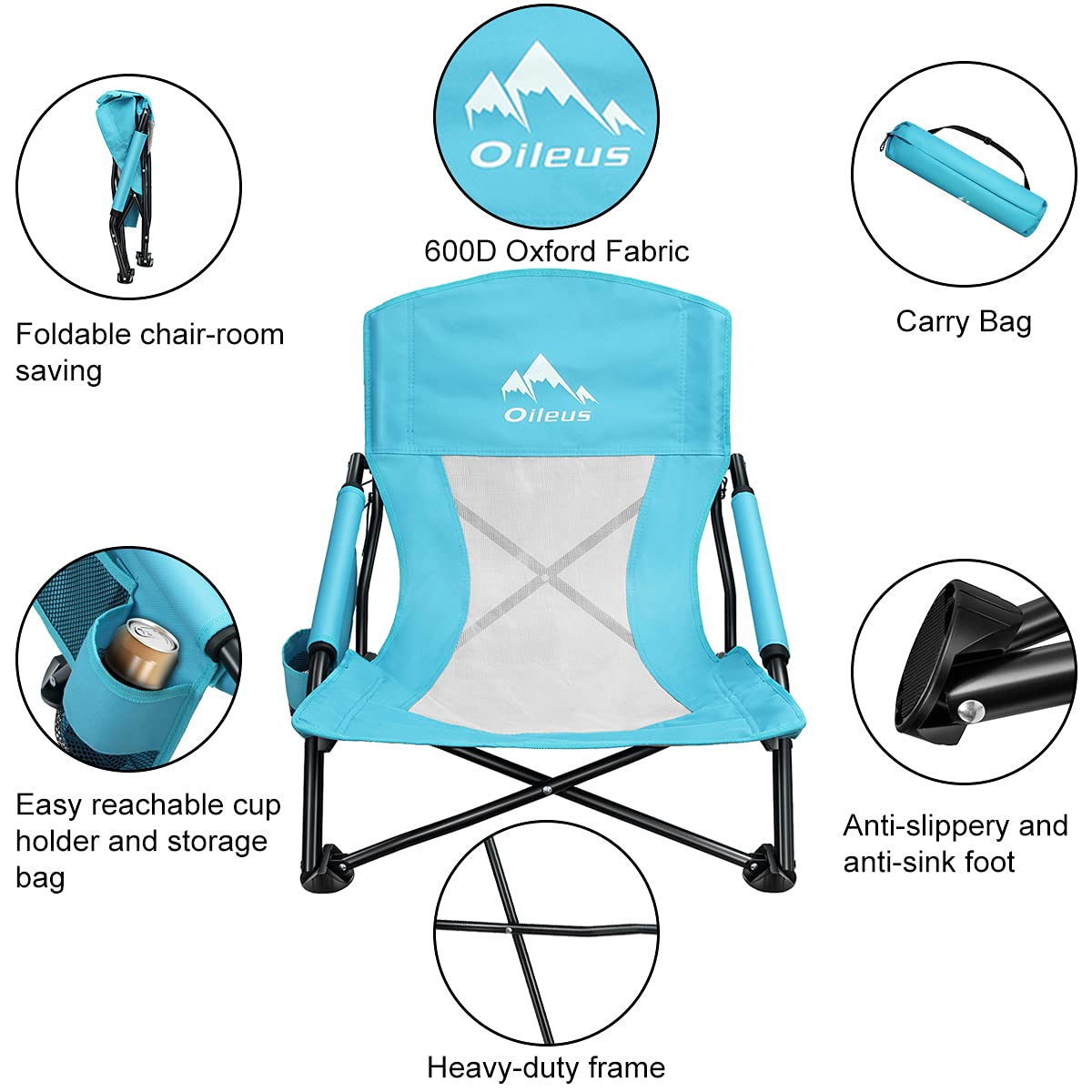 Oileus Low Beach Chair for Beach Tent/Shelter/Camping/Outdoor Ultralight Backpacking Folding Recliner Chairs with Cup Holder/Storage Bag, Carry Bag, Breeze Mesh Back, Compact Duty 2 Pcs