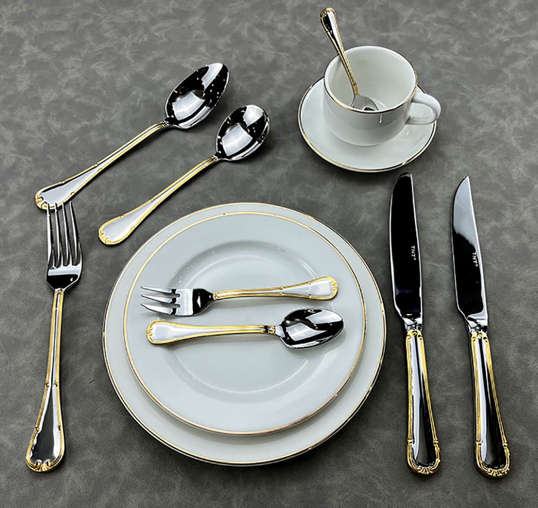 Luxury Silverware Set for 6, Retro Royal Palace Style Stainless Steel Flatware Cutlery with Gold-Plated Trim, 24-piece Eating Tableware for Wedding Home Kitchen Hotel Restaurant