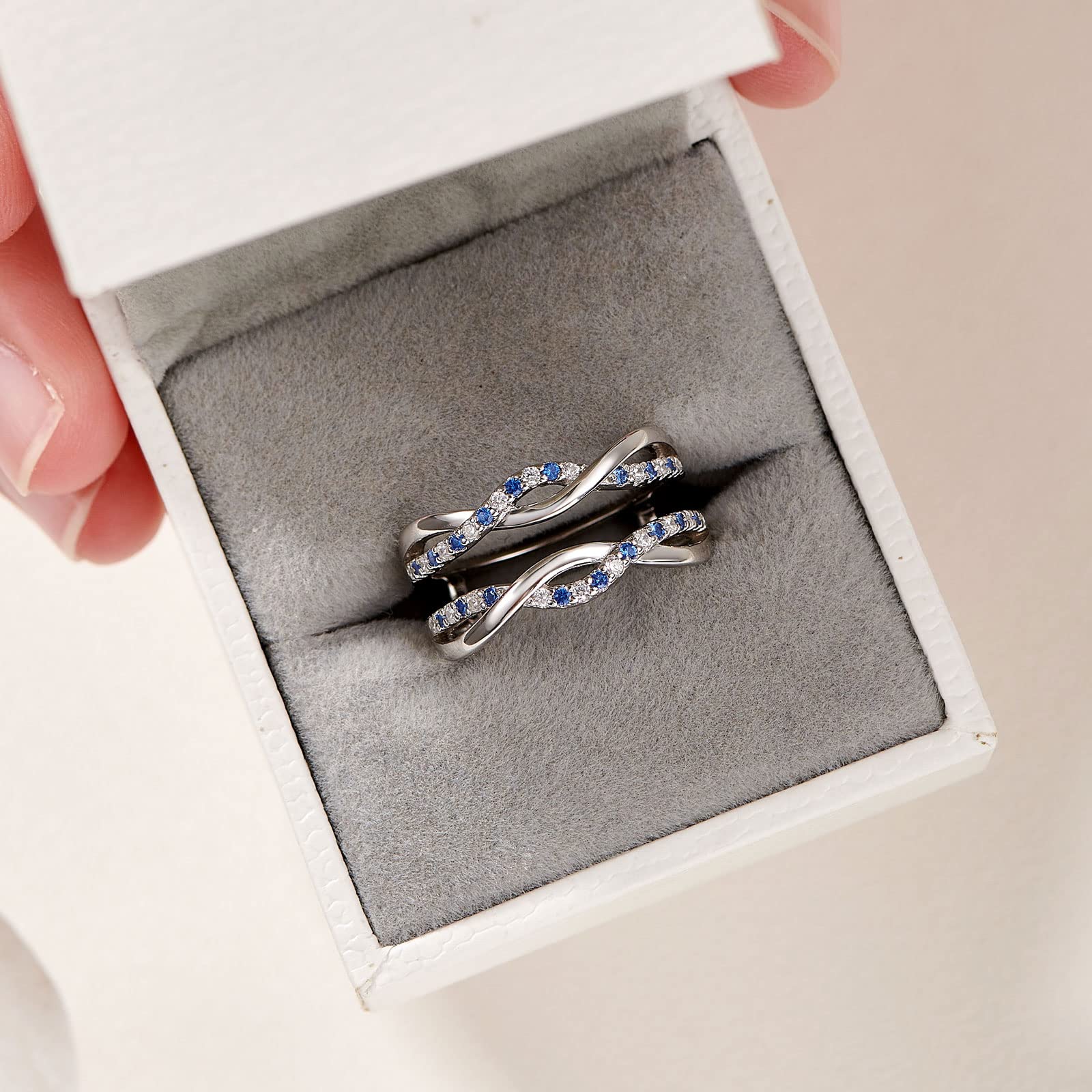 Newshe Jewellery Ring Enhancer for Engagement Rings AAAAA Cz Twisting Infinity 925 Sterling Silver Band with Blue Sapphire Size 8