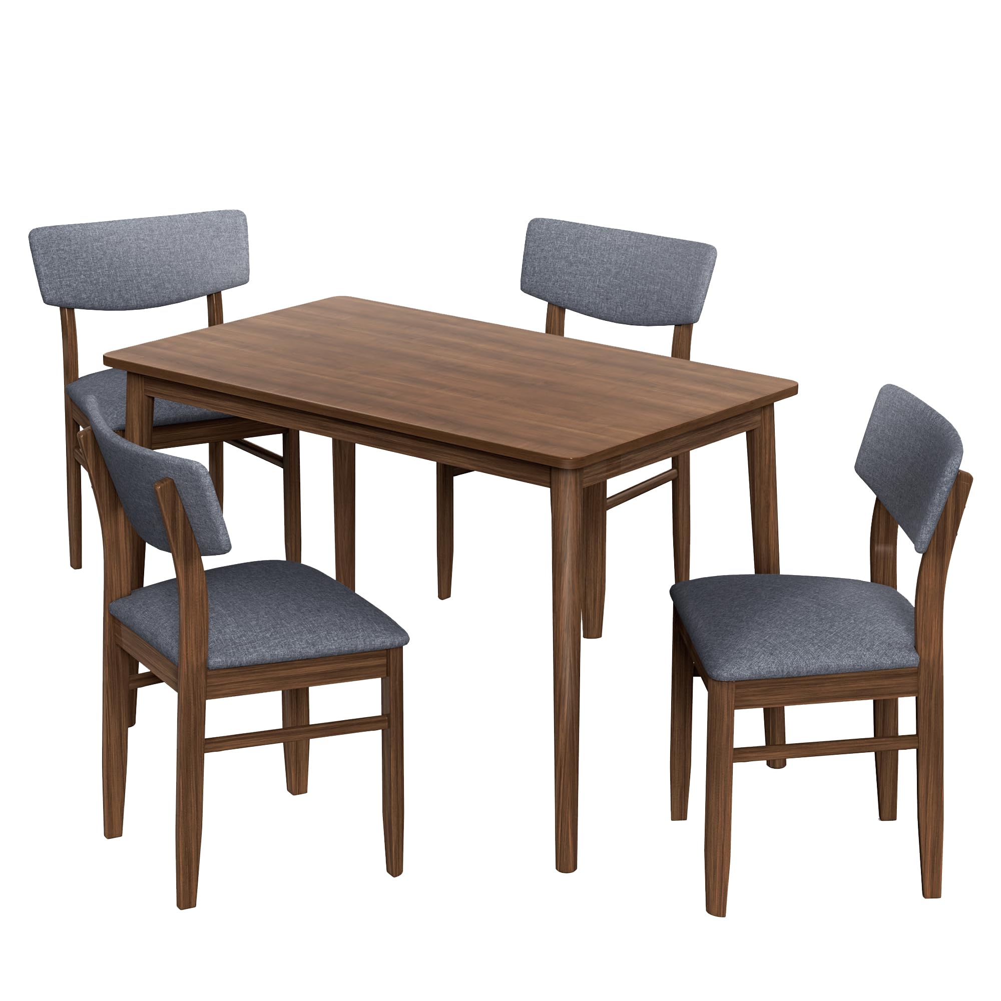 Lepfun 5 Pieces Modern Set with 1 Rectangular Chairs Fabric Cushion for 4,All Rubber Wood Table for Dining Room,Kitchen and Small Space,Walnut and Grey
