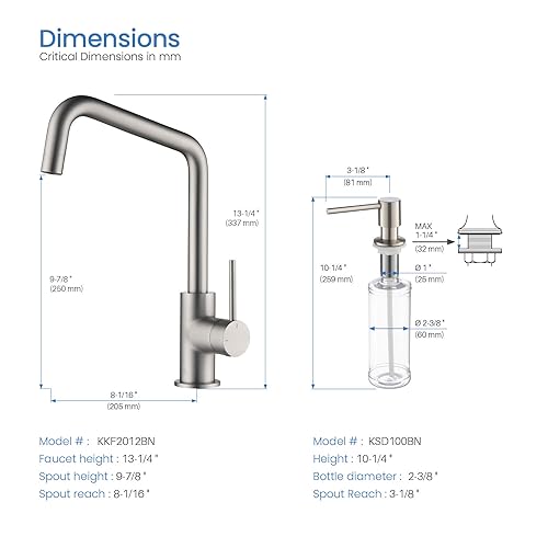 KIBI Macon Single Handle Bar Faucet or Prep Kitchen Sink Faucet | Solid Brass High Arc Faucet Spout | Sink Faucet with 360 Degree Swivel Spout (Brushed Nickel) (KKF2012) (Soap Dispenser included)