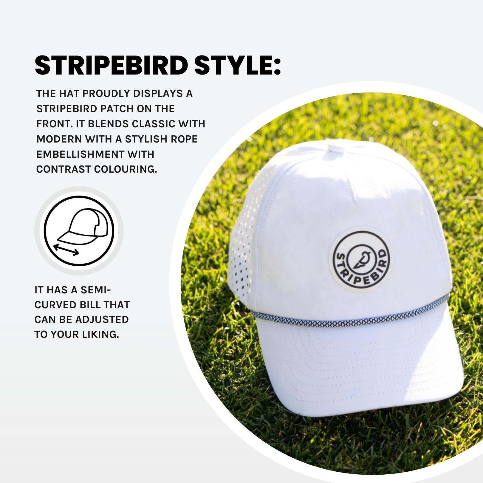 Stripebird - Golf Performance Snapback Hat Logo, White - Water-Resistant Baseball Cap for Men and Women - Rope Hat