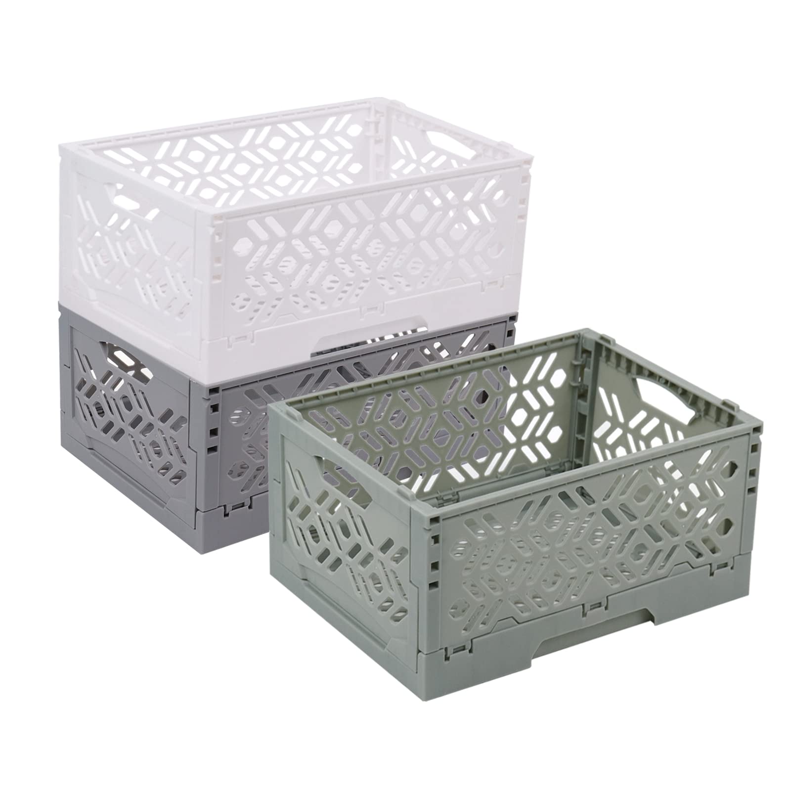 Klyuqoz Pastel Crates (9.4'' X 6.3'' X 3.9''), Storage Crates Plastic Stackable, Cute Crates Pack of 3, for Home Bedroom Office Kitchen Decoration(Green, Gray, White)