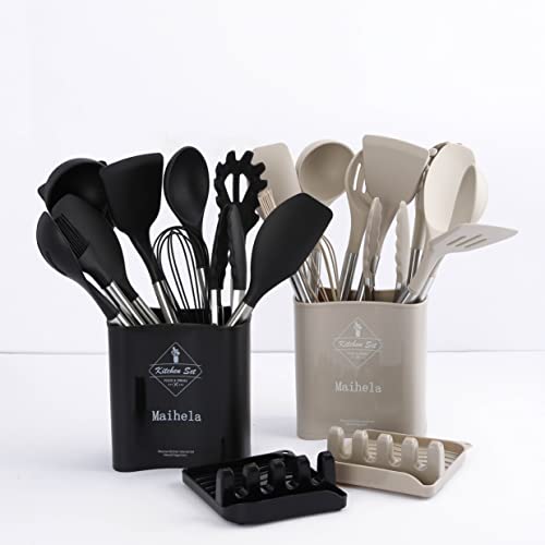 Kitchen Cooking Utensils Set, Non-Stick Silicone Essential Kitchen Accessories, 13 piece Cookware Gadgets with Spatulas, Spoons, Soup Ladle, whisk, Tongs, Pasta Server, Egg Brush (Black)