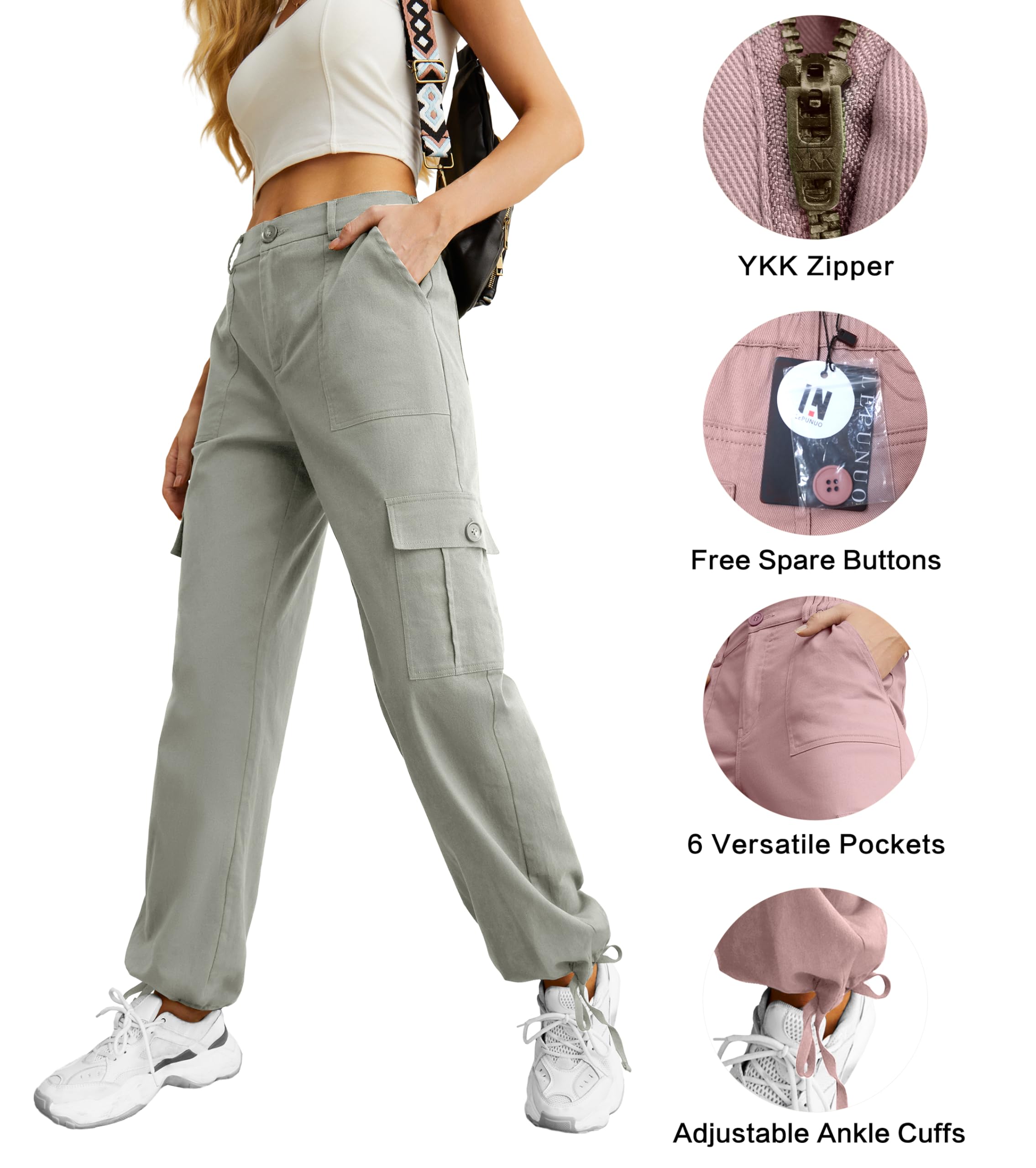 Lepunuo Women High Waisted Cargo Pants Wide Leg Casual Pants 6 Pockets Combat Military Trousers Silver Gray, X-Small