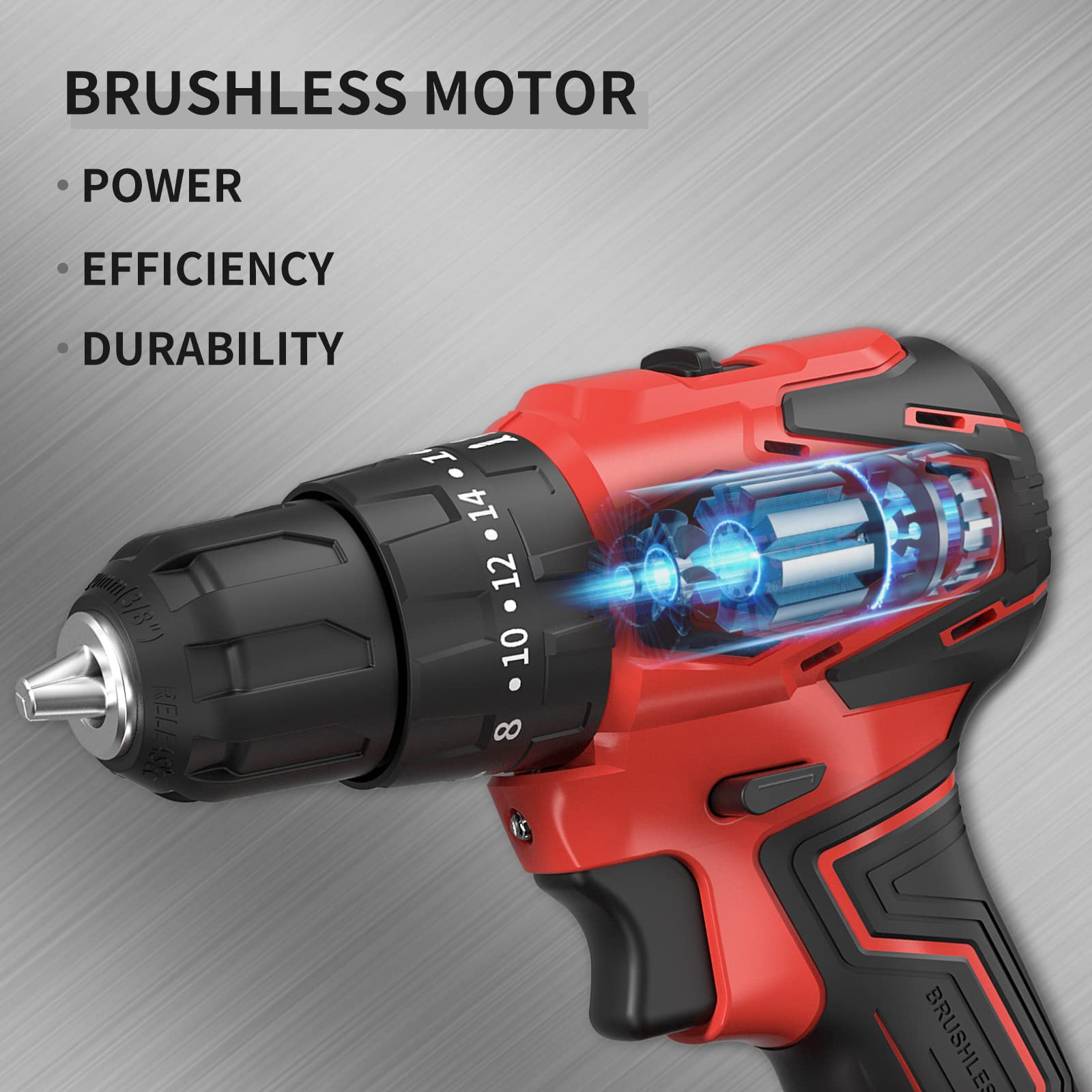 Ronghe 20V Brushless Cordless Drill, Max torque 442 In-lbs,20+3 Torque setting 3/8โ Automatic Chuck, equiped with 34 pcs Drill bit set, Battery and Fast charger for Home improvement & DIY project