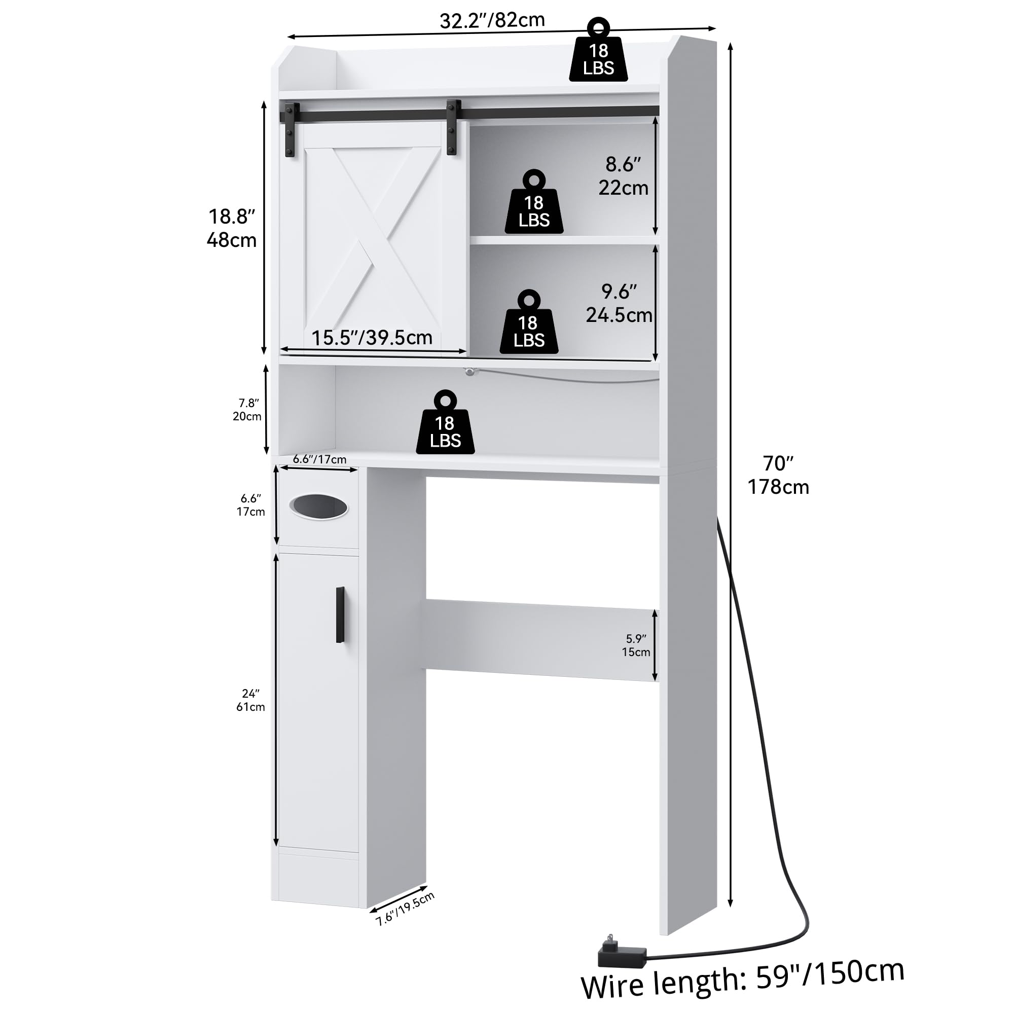 YITAHOME Over The Toilet Storage Cabinet, Farmhouse Storage Cabinet with Sliding Door, Infrared Sensor Light, Home Space-Saving Toilet Rack for Bathroom, Restroom, Laundry, White