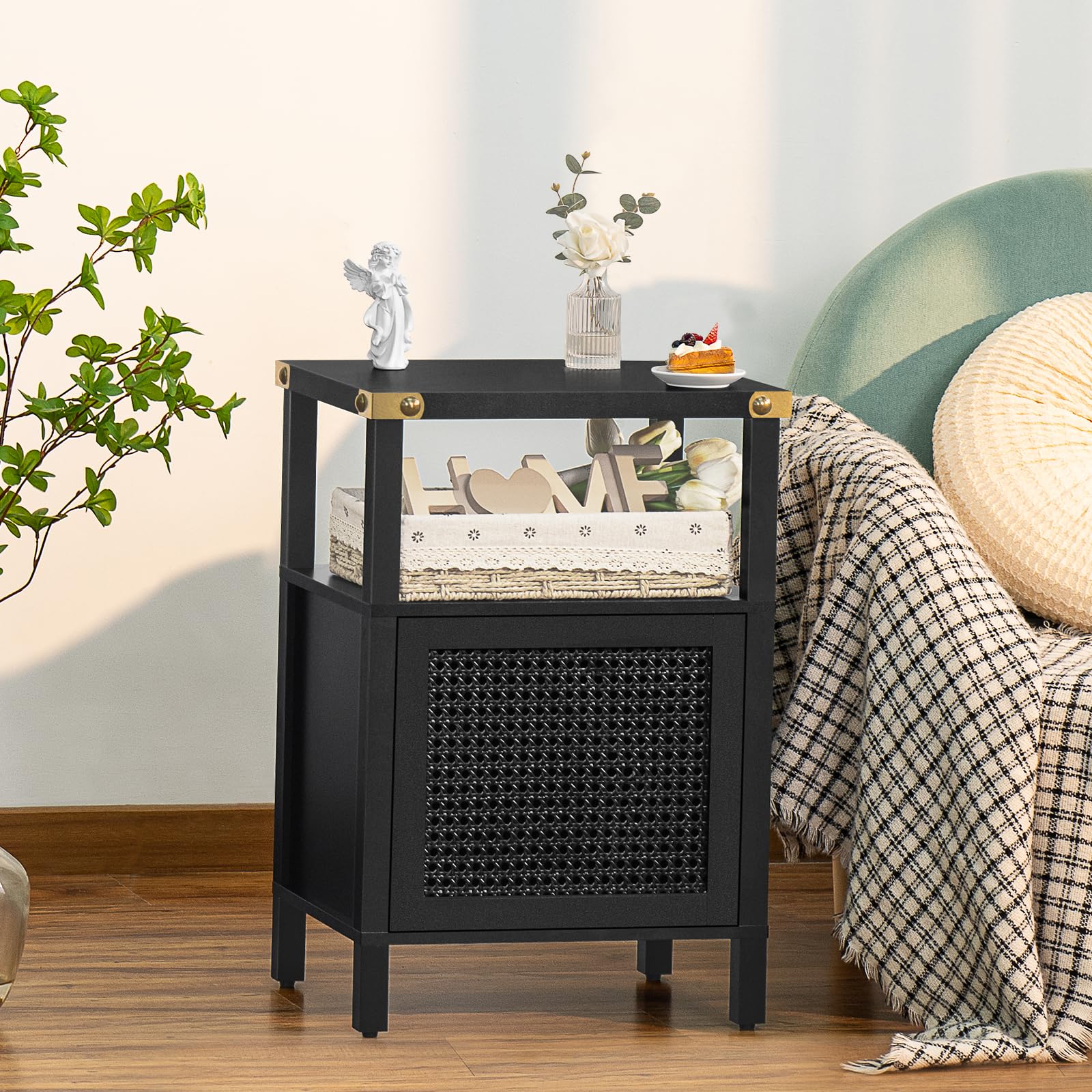 Lerliuo Nightstand Boho Side Table with Rattan Decorated Door, Wood Night Stand with Storage