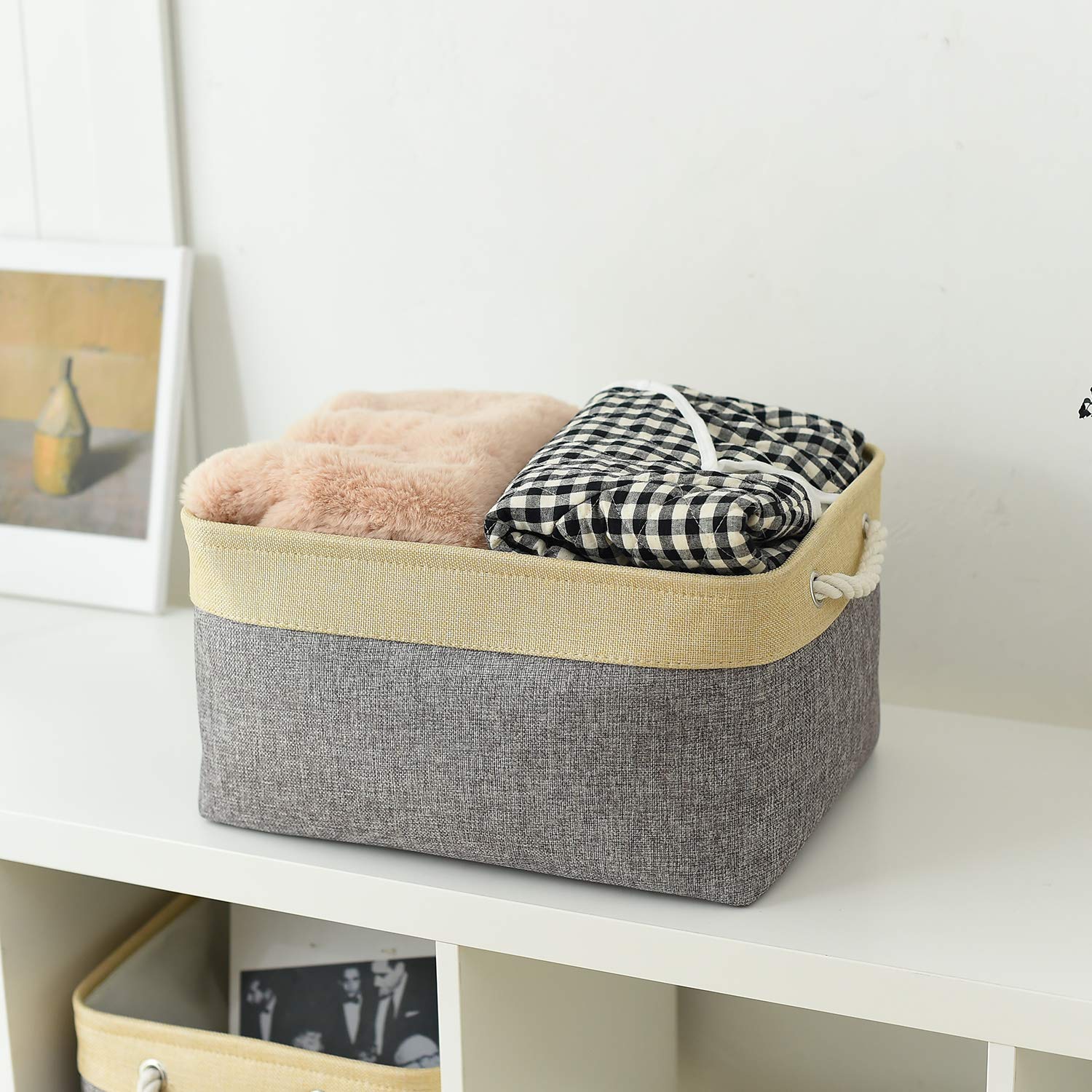 Tegance Storage Baskets Bins for Organizing, Foldable Sturdy Fabric Basket WHandles, Large Rectangular Decorative Storage Basket for Shelves Nursery Closet Toy Blanket， Grey&Gold (3 Pack