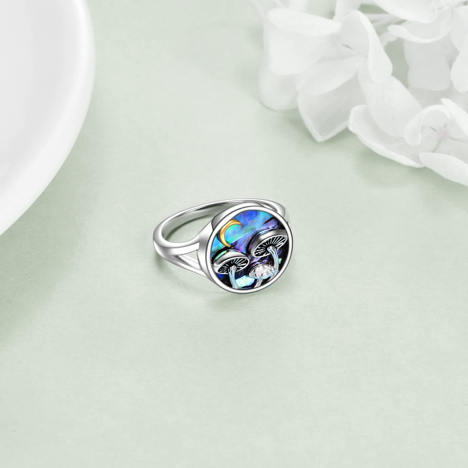 ONEFINITY Magical Mushroom Rings S925 Sterling Silver Abalone Shell Mushroom Moon Ring Birthday Gifts For Women