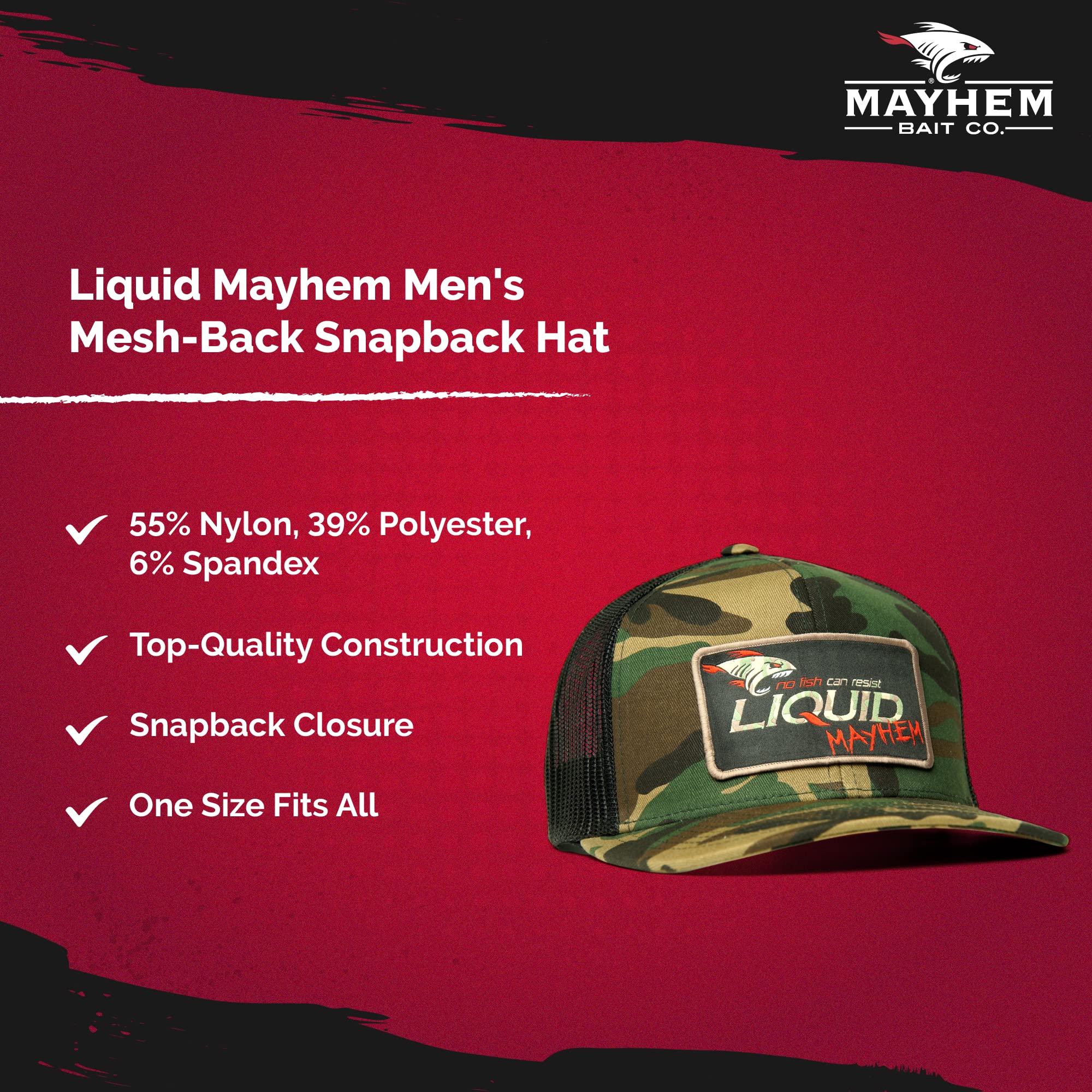 Liquid Mayhem Mayhem Bait Co Men’s Snapback Mesh-Back Hat, Fishing Apparel, Camo
