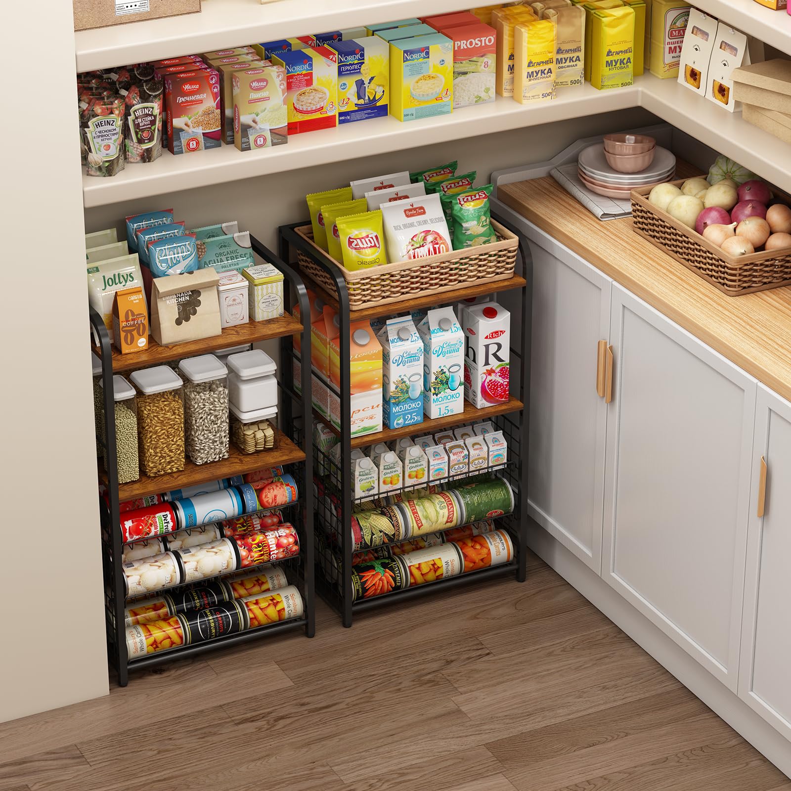 Zuyachuza Adjustable Can Rack Organizer for Pantry, Snack Organizer Shelf, Canned Food Storage Rack, Multifunctional Free Standing Floor Pantry Organizer and Storage for Kitchen