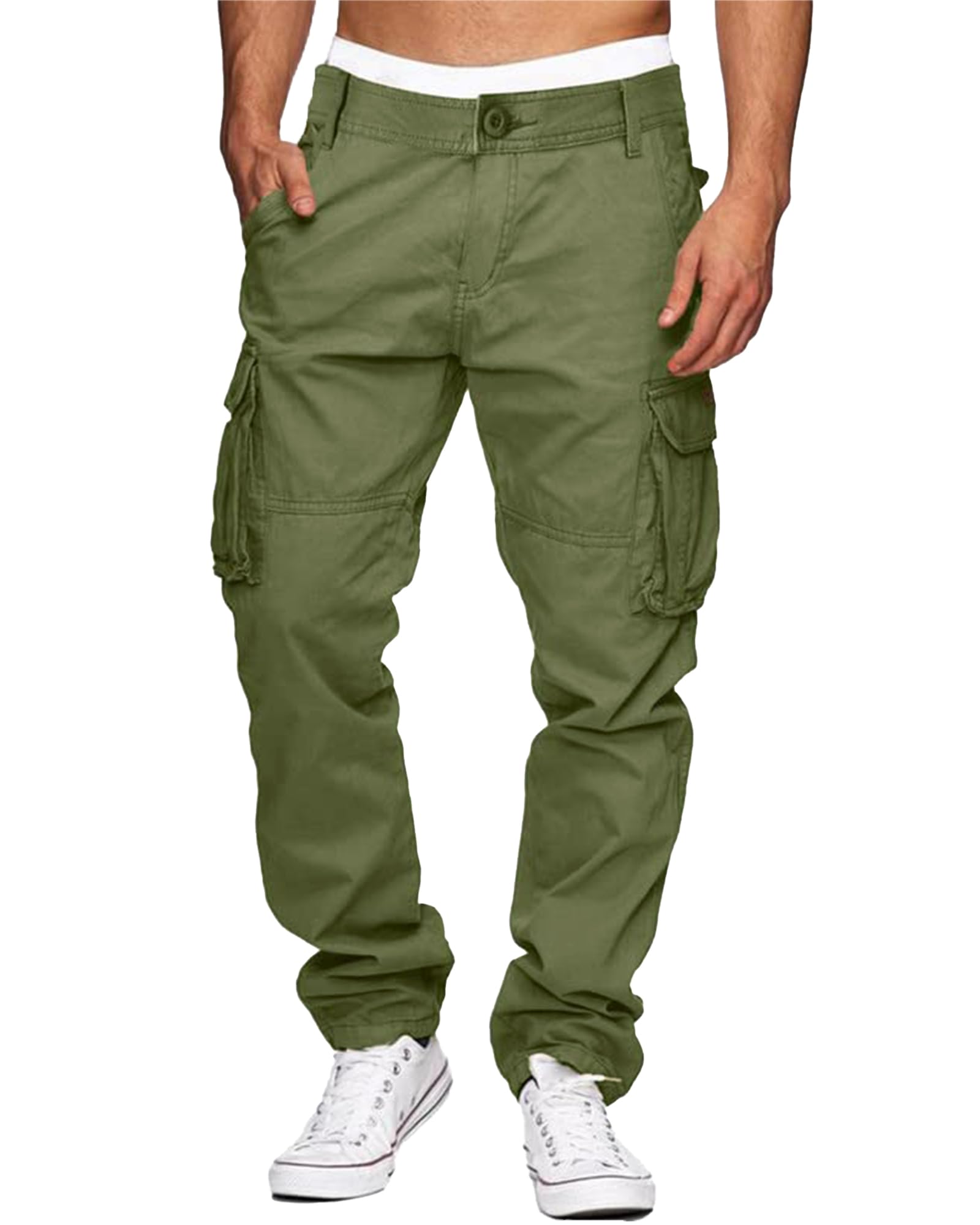LVCBL Mens Cotton Cargo Pants Jogger Sweatpants Outdoor Trousers with Side Pockets,Army Green,XL