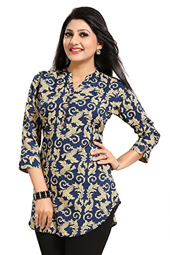 Keshubaba Indian Kurtis for Women - Crepe Indian Style Short Kurta Kameez - Printed Tunics Tops for Jeans & Leggings (Blue/3X-Large)