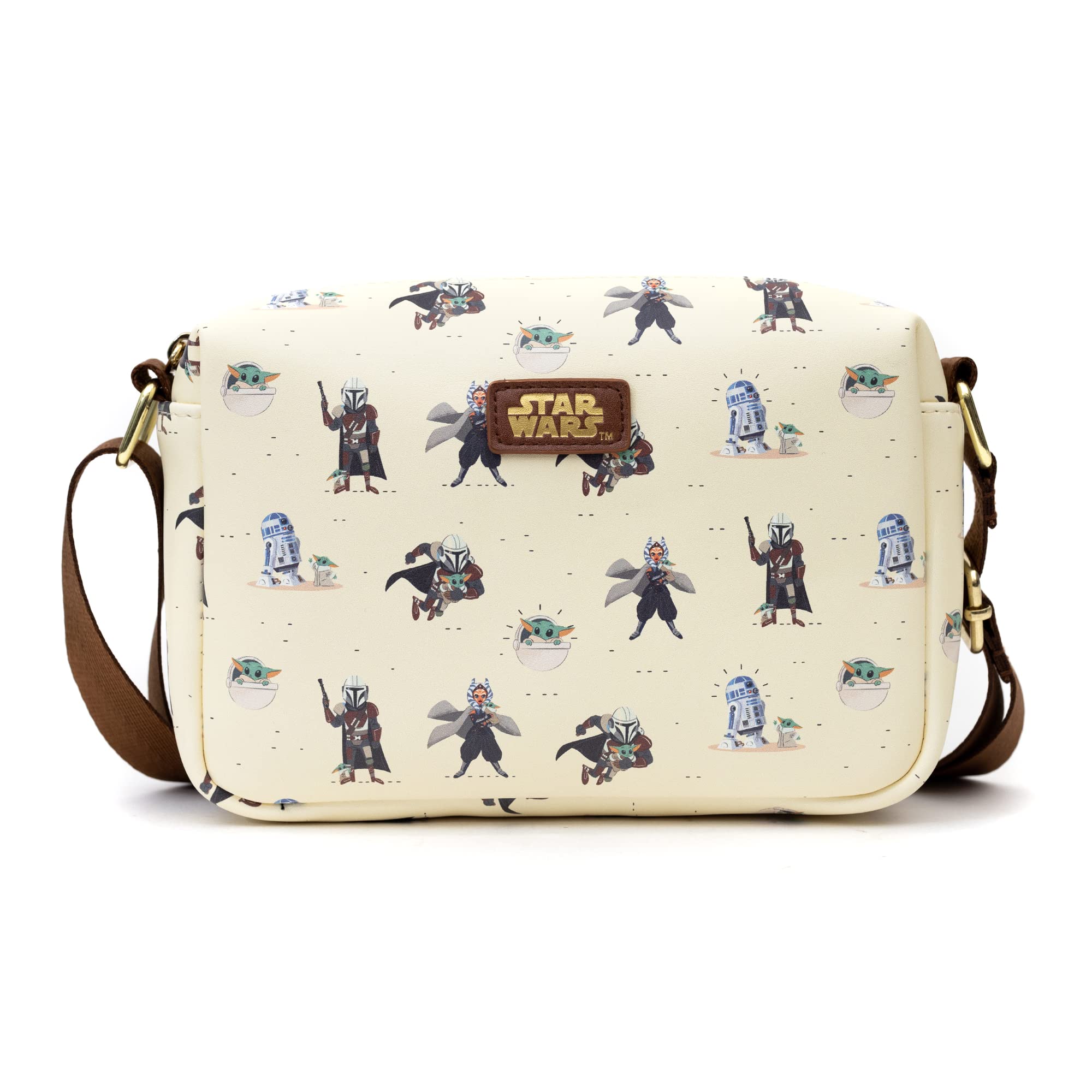 Star Wars Bag, Cross Body, Rectangle, The Mandalorian Character Poses with Grogu Collage, Beige, Vegan Leather