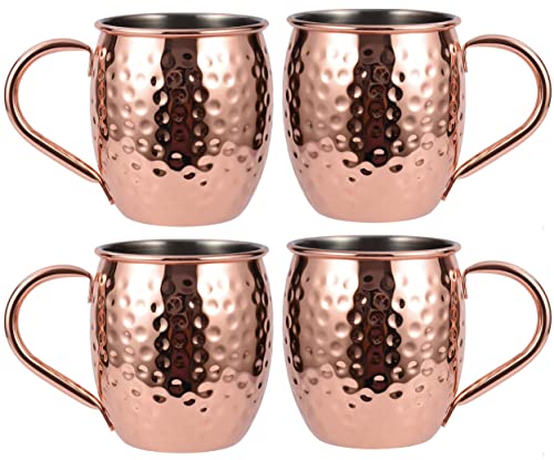 Moscow Mule Mugs Set of 4, Hammered Copper Moscow Mule Mug | Stainless Steel Lining, Copper Plating Cups with Gold Brass Handles Moscow Mule Copper Mug