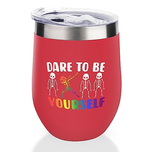 Mighun Dare To Be Yourself Rainbow Skull Wine Tumbler with Lid, LGBT Pride Gay Lesbian Vacuum Coffee Tumbler, Gay Pride Stemless Insulated Wine Glasses Cup for Champaign, Cocktail, Beer
