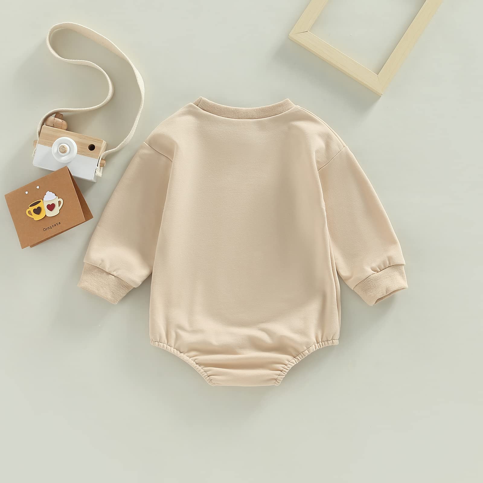 Lamuusaa Newborn Baby Girl Boy Clothes Camp Crewneck Sweatshirt Shirts Long Sleeve Romper Oversized Sweater Fall Tops 0-18M (Khaki, 6-12 Months)