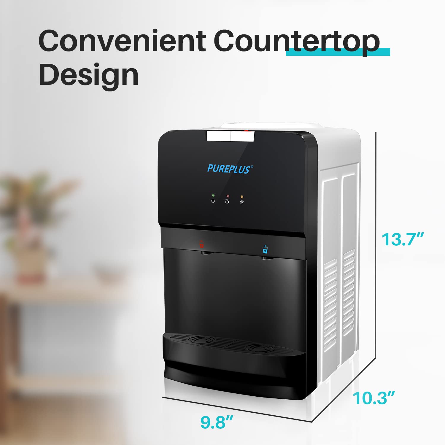 PUREPLUS Water Cooler Top Loading Countertop Water Cooler Dispenser, Hot & Cold Water, Child Safety Lock, Holds 3 or 5 Gallon Bottles, Compression Refrigeration Technology, Black